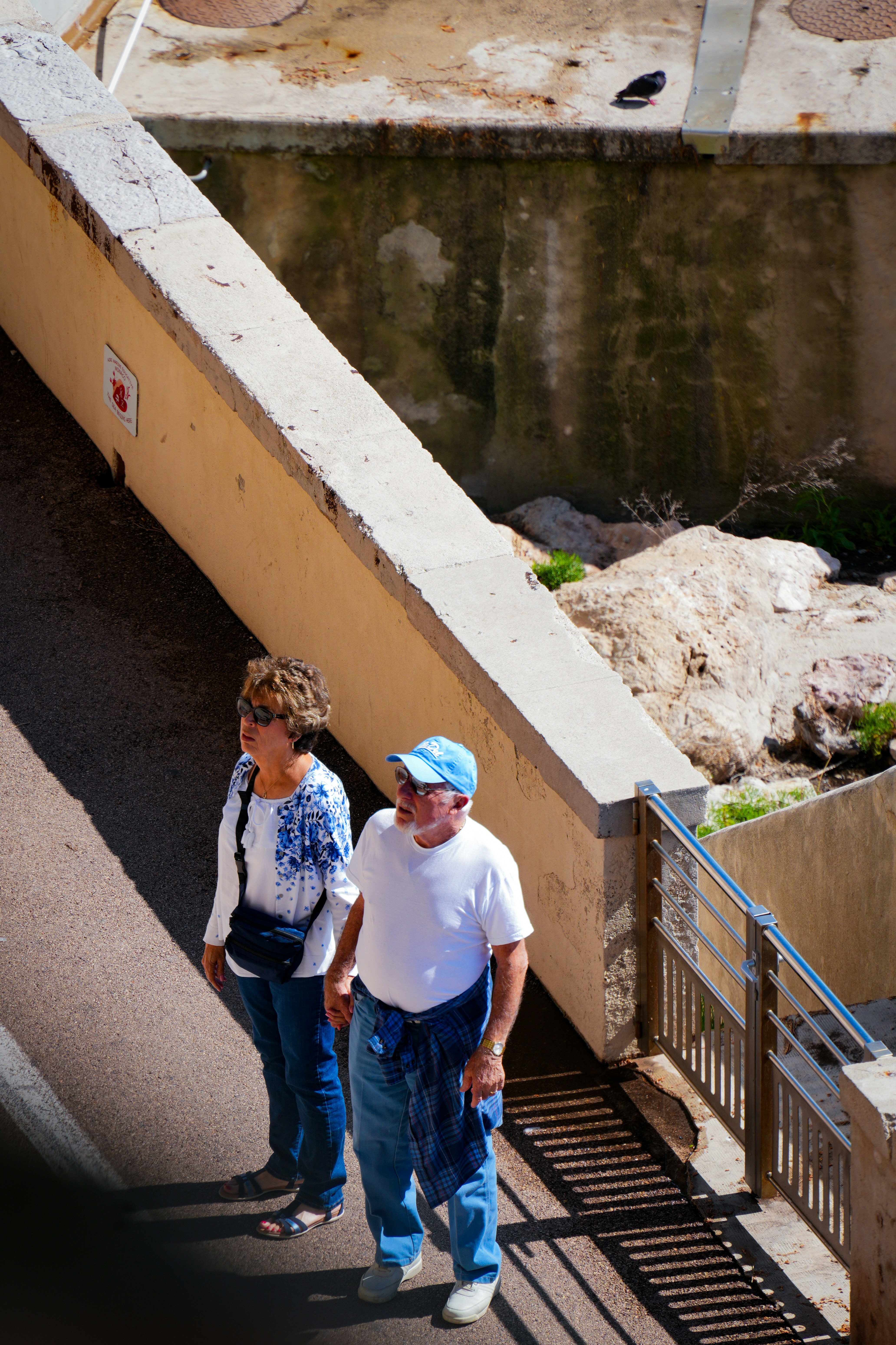 Strolling Together on a Sunlit Urban Bridge