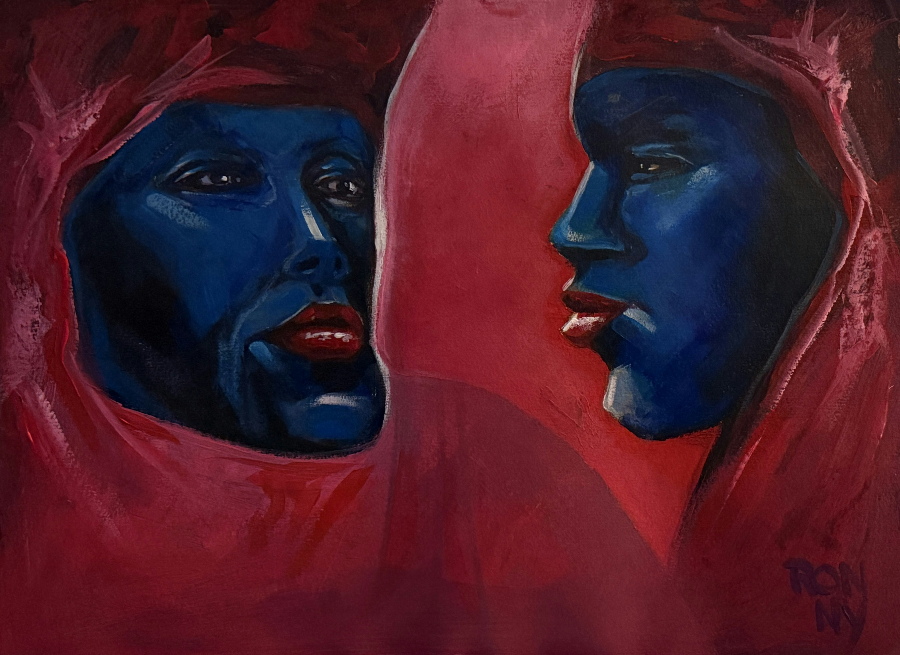 Red Masked Dialog: Blue Faces in Red Echoes