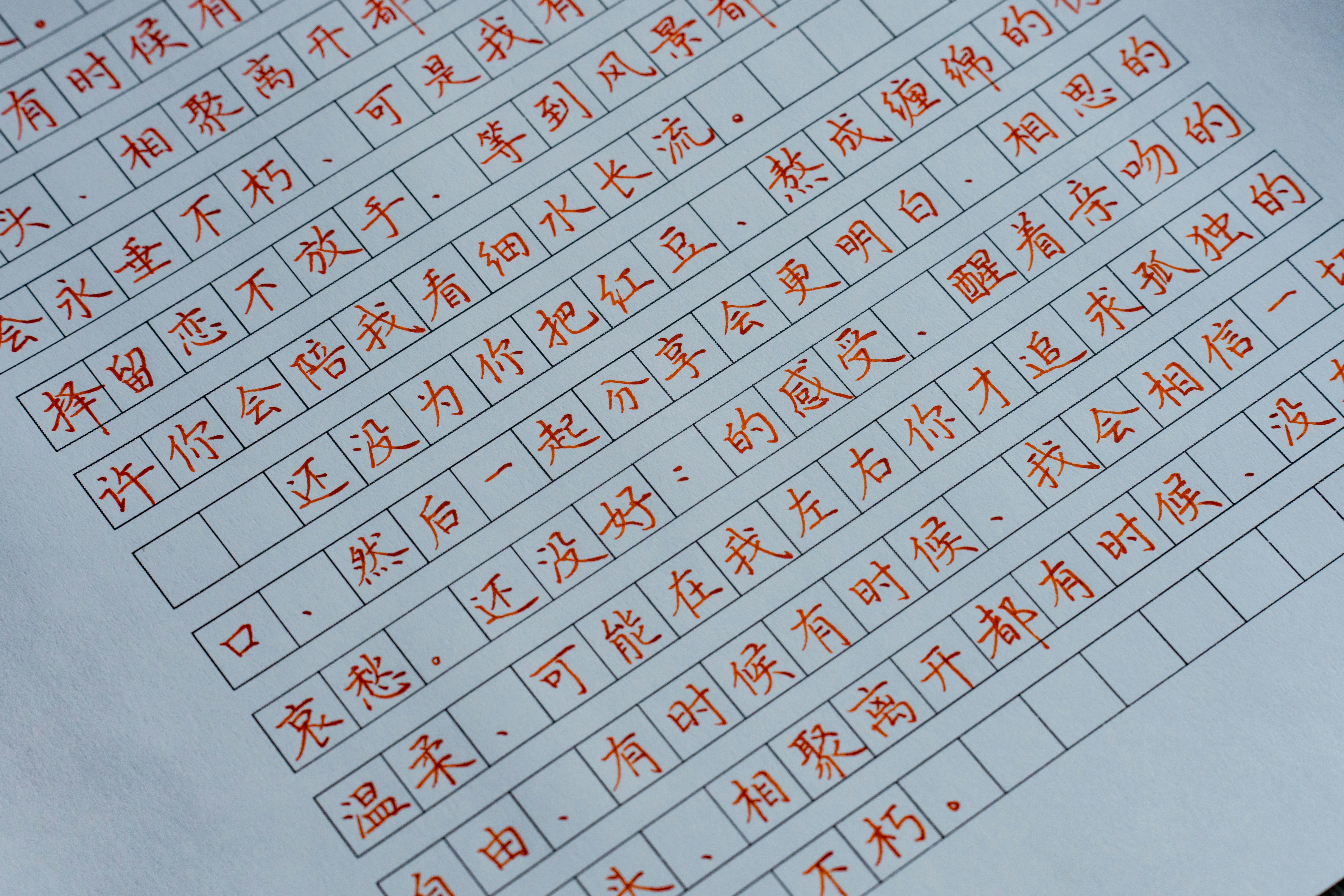 Red Ink on Grid: A Close-Up of Handwritten Chinese Script
