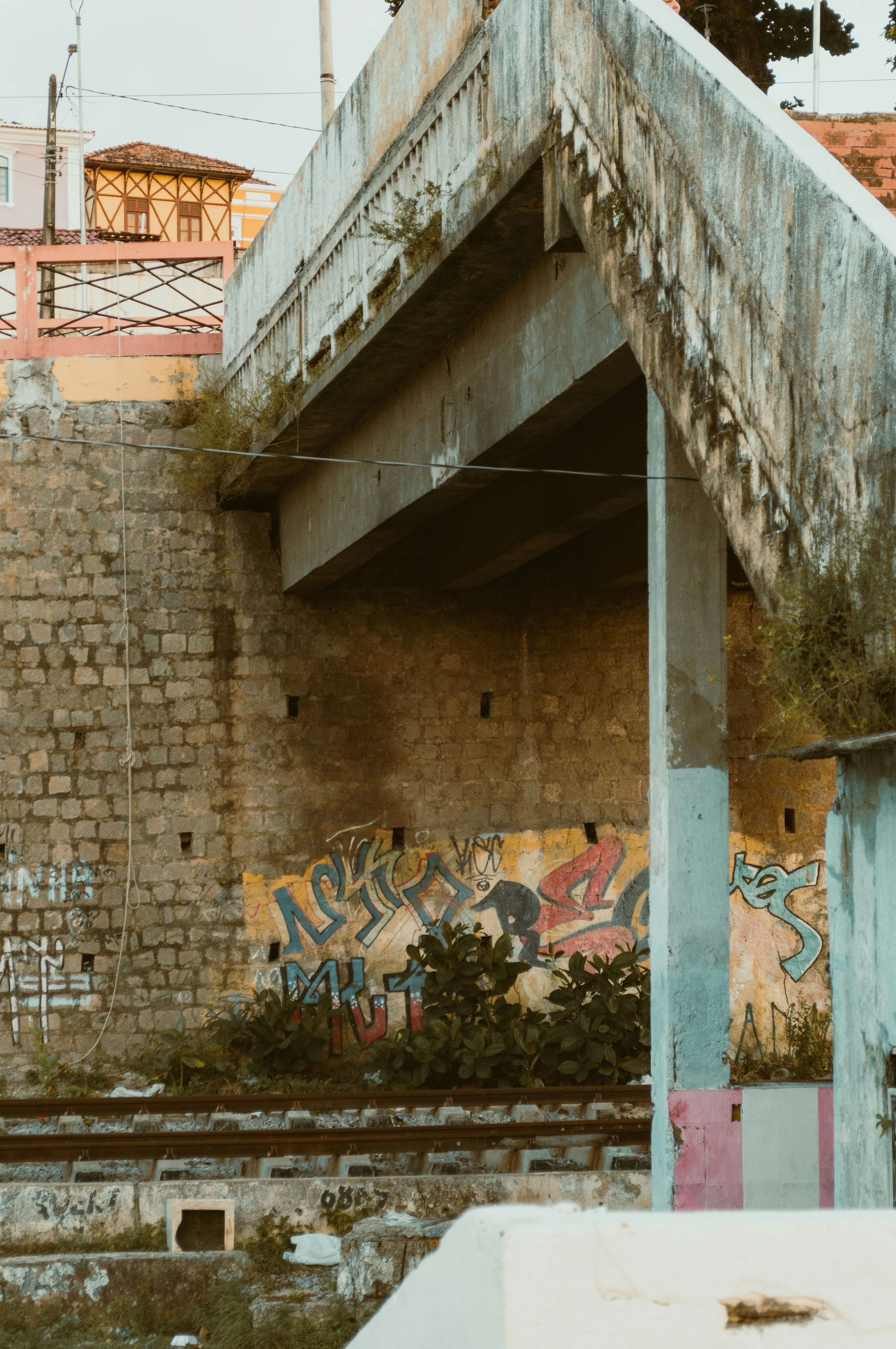 Overpass Echoes: Graffiti and Distant Rooflines Beneath a Weathered Bridge