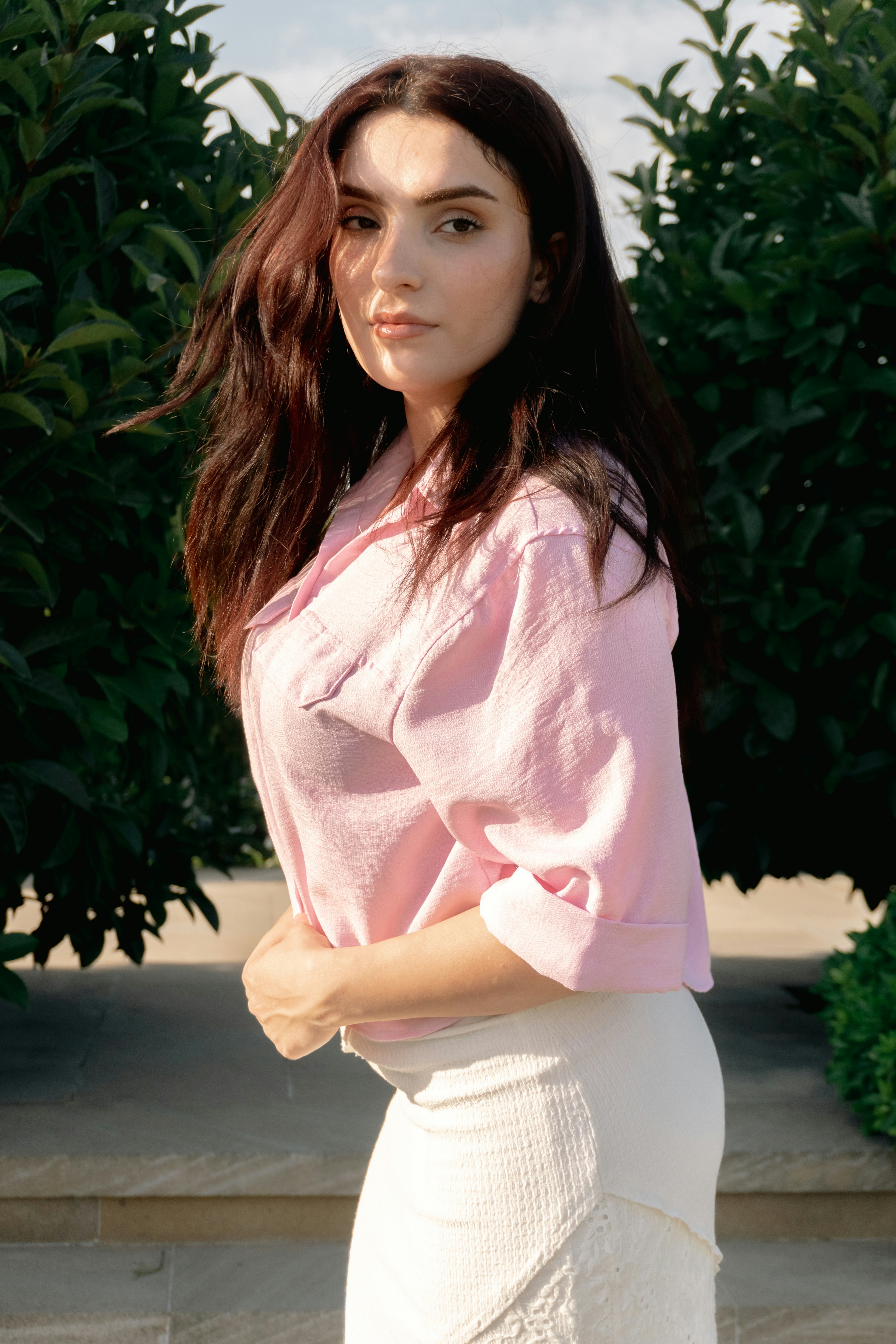 Soft Portrait in Sunlit Garden in Pink Linen