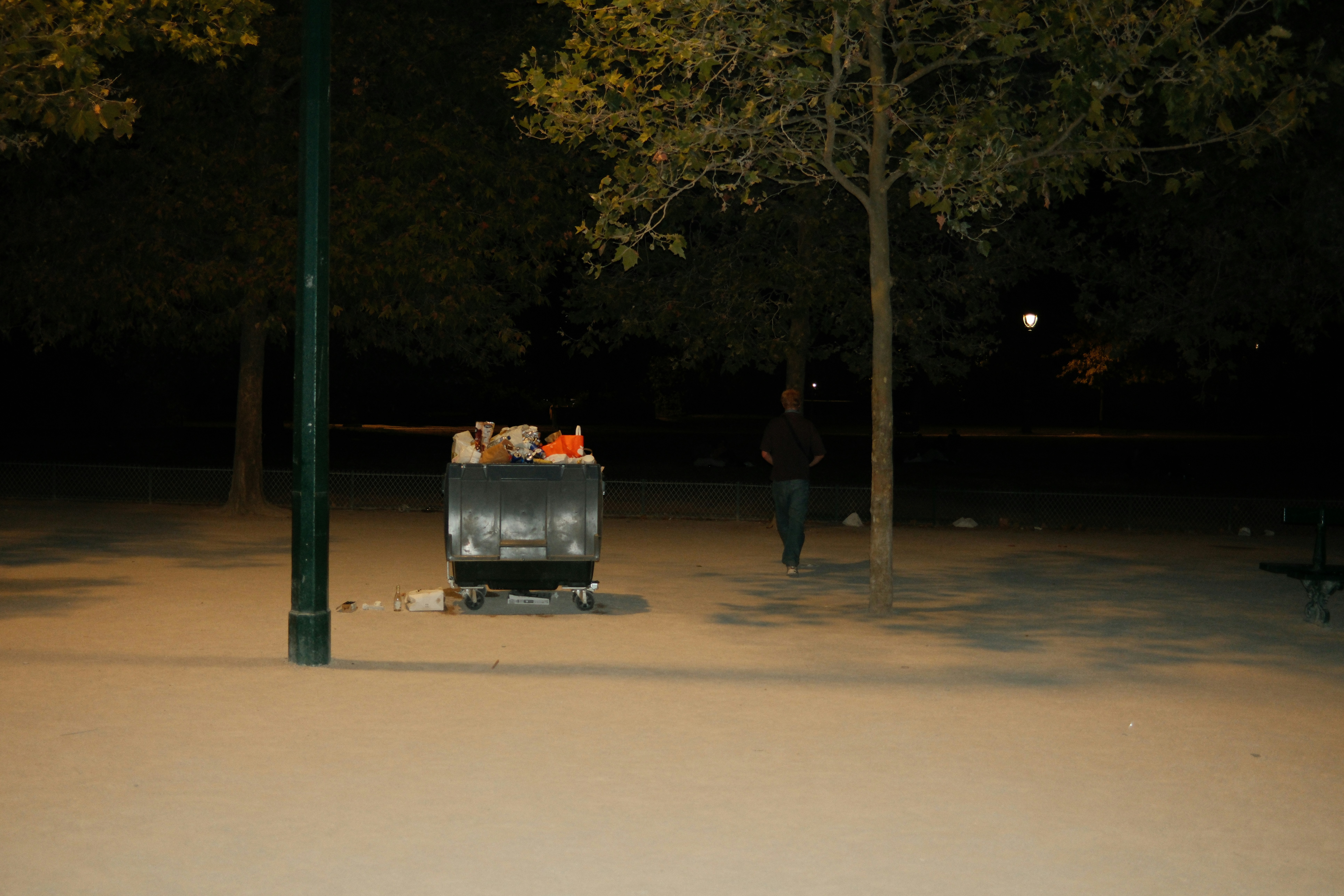 Night in the Park: A solitary figure near a dumpster under a streetlamp