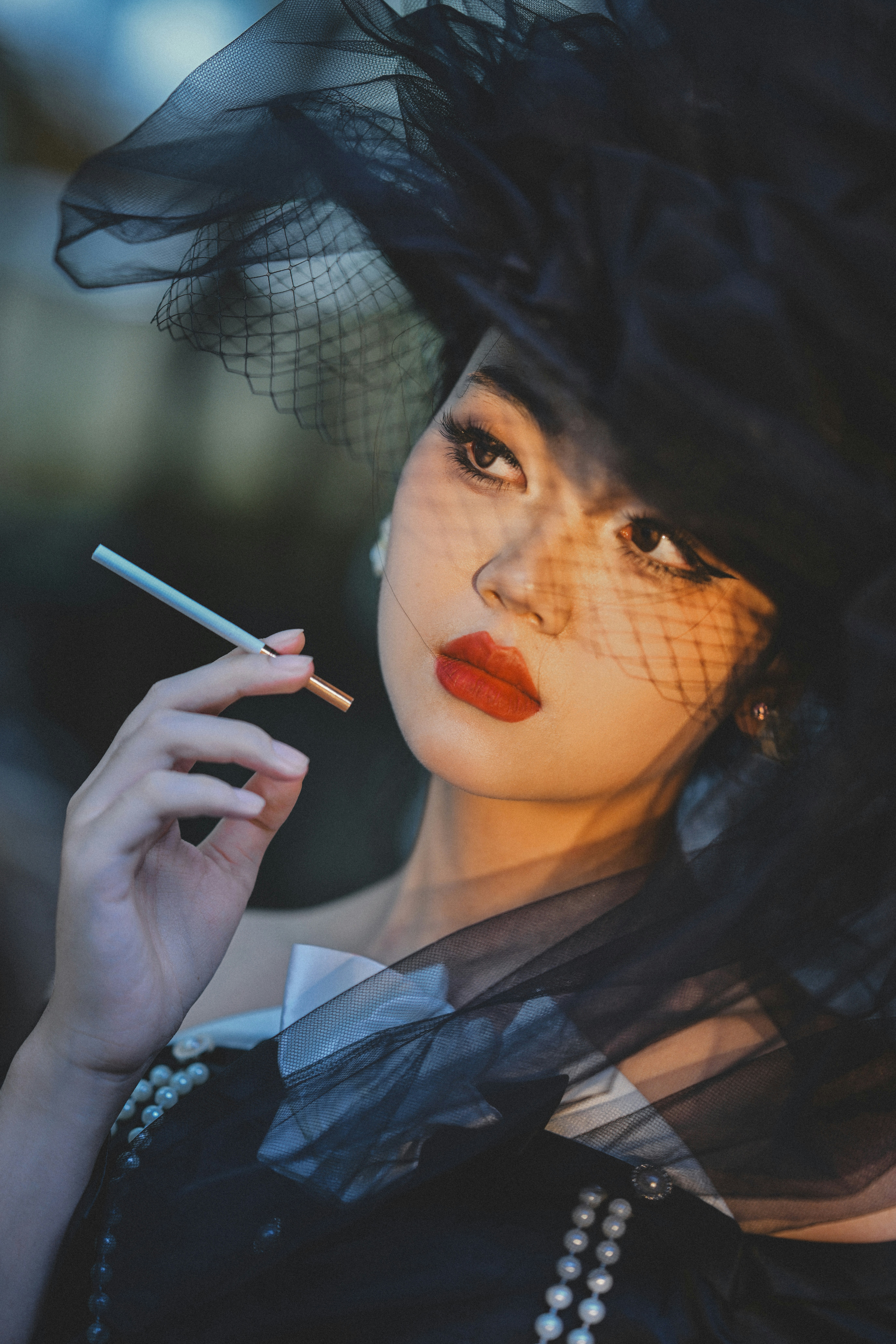 Veiled Glamour: A Smoky Veil and Red Lips
