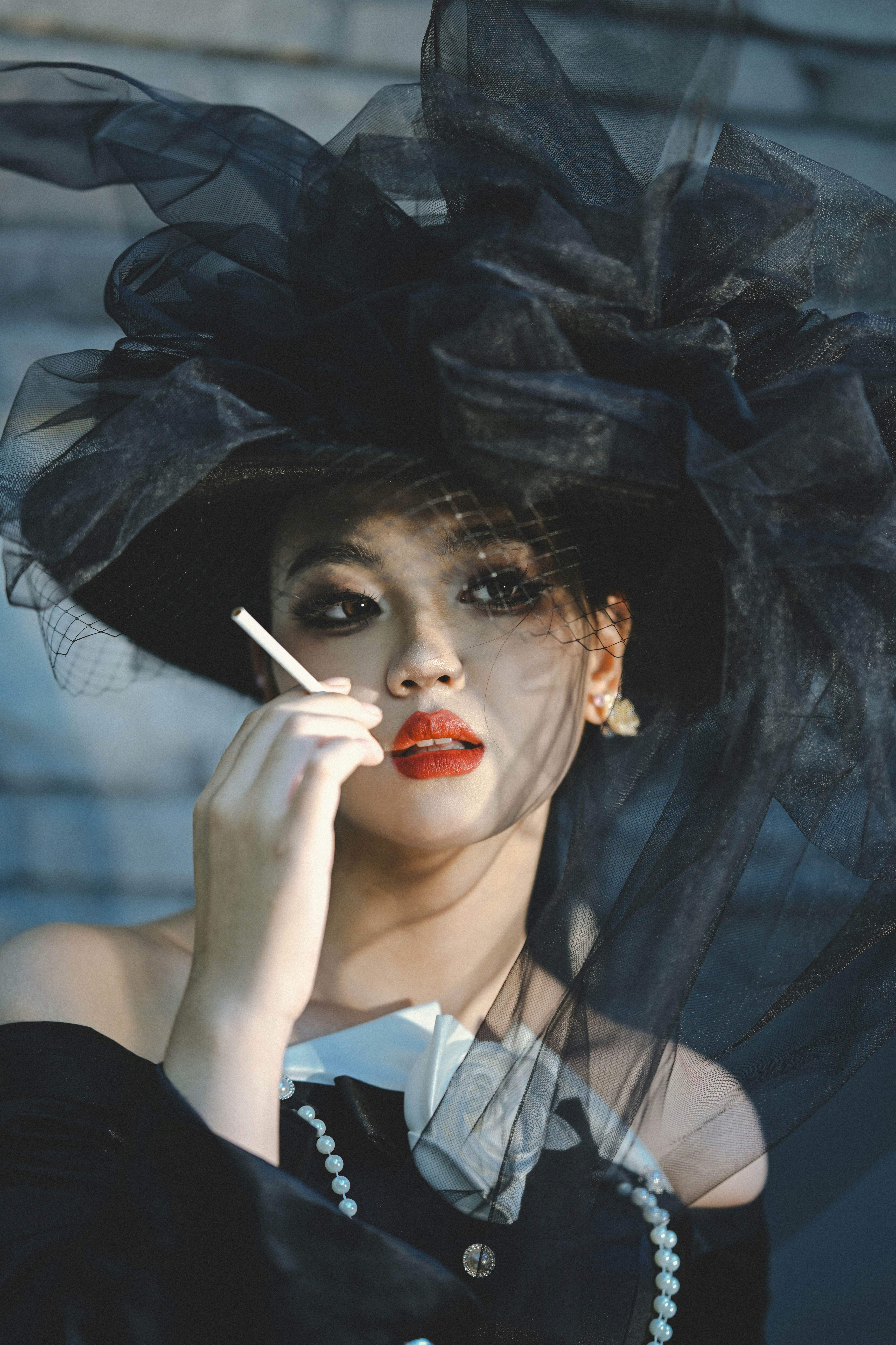 Veiled Elegance: Velvet Hat and Crimson Lips in Smoke