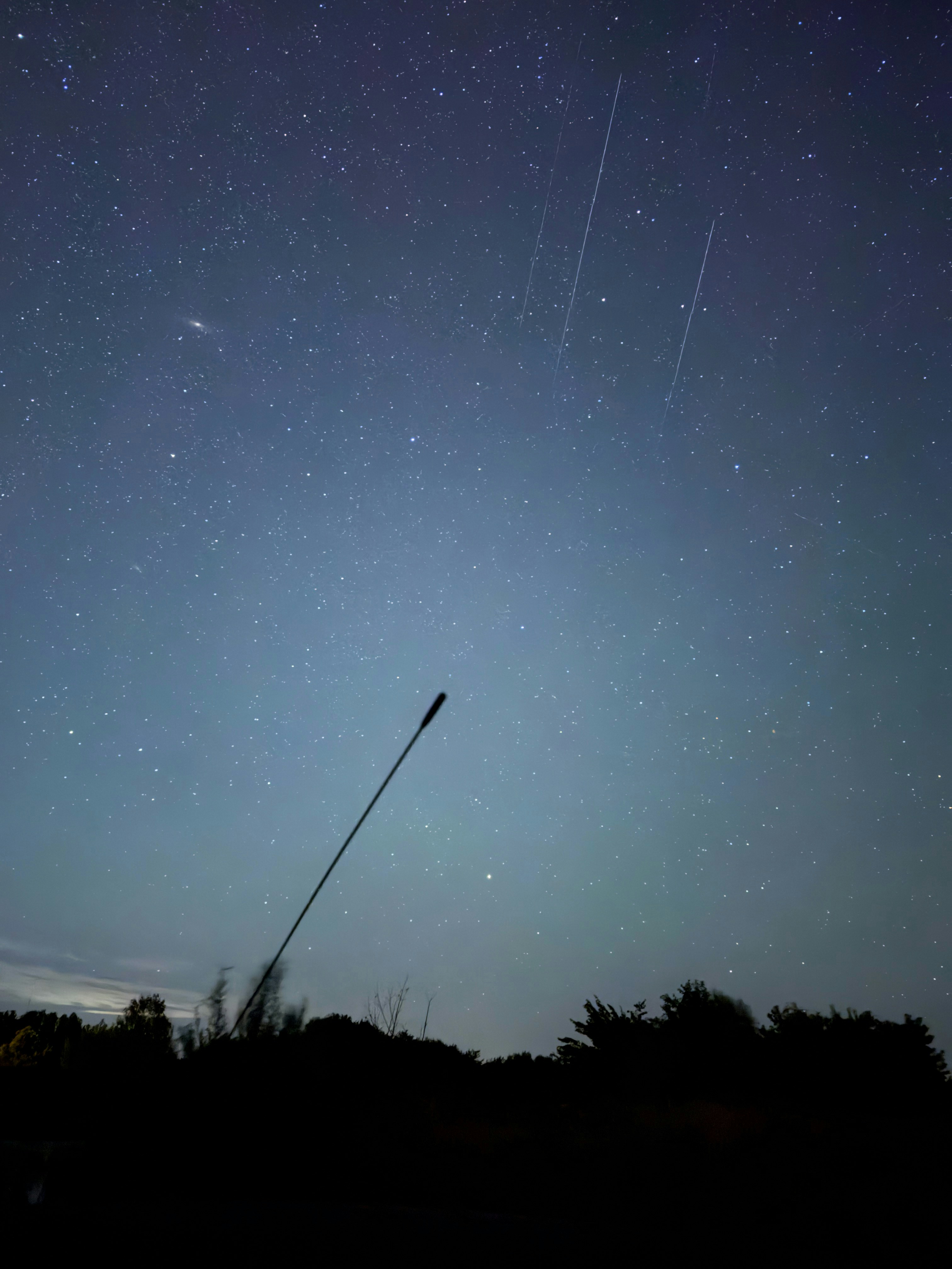 Streaks Across the Night: Meteor Trails Over a Silhouetted Horizon