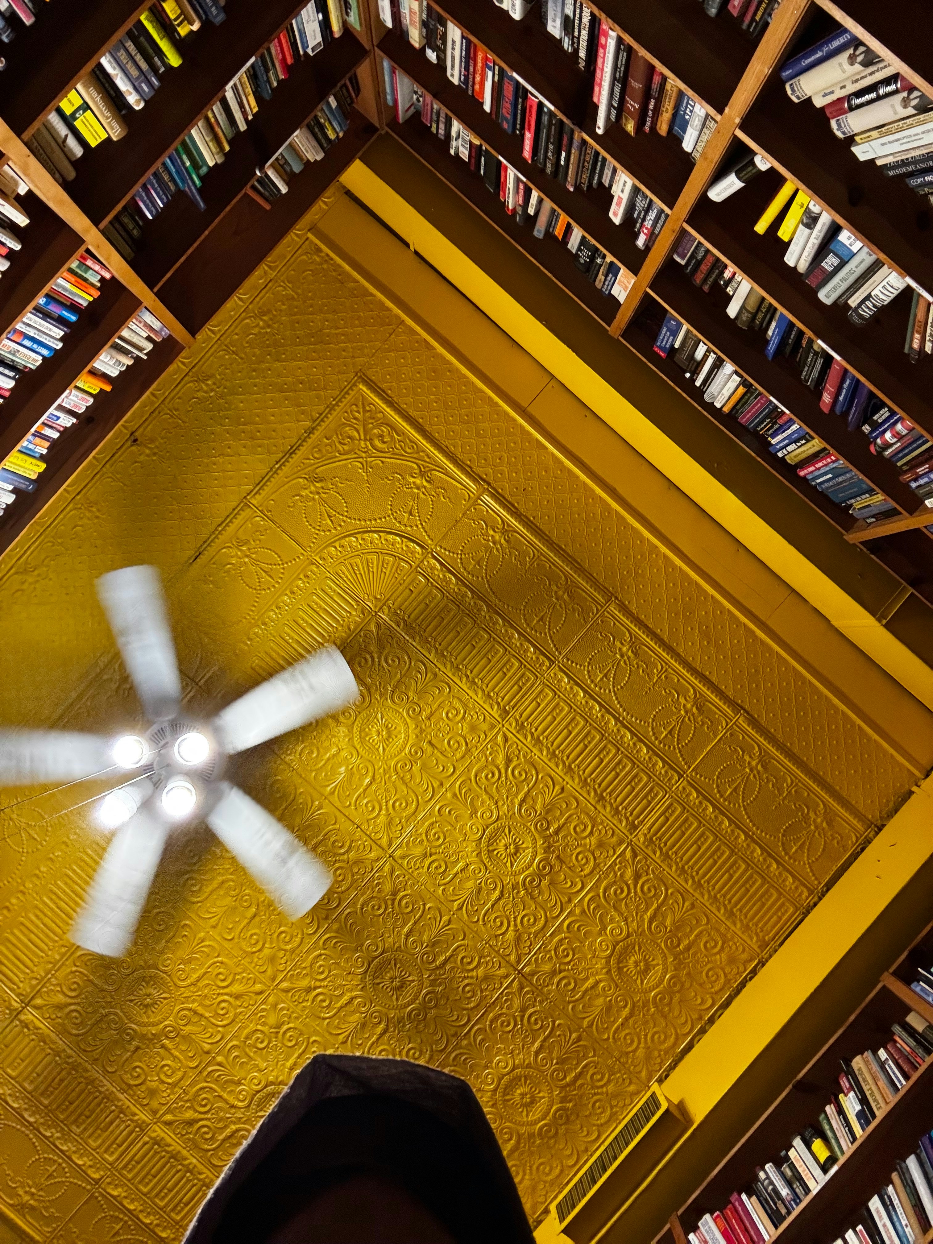 Warm library ceiling with ornate gold tilework viewed at an angle; surrounding shelves curve around the space, with a white ceiling fan blurred in the foreground.