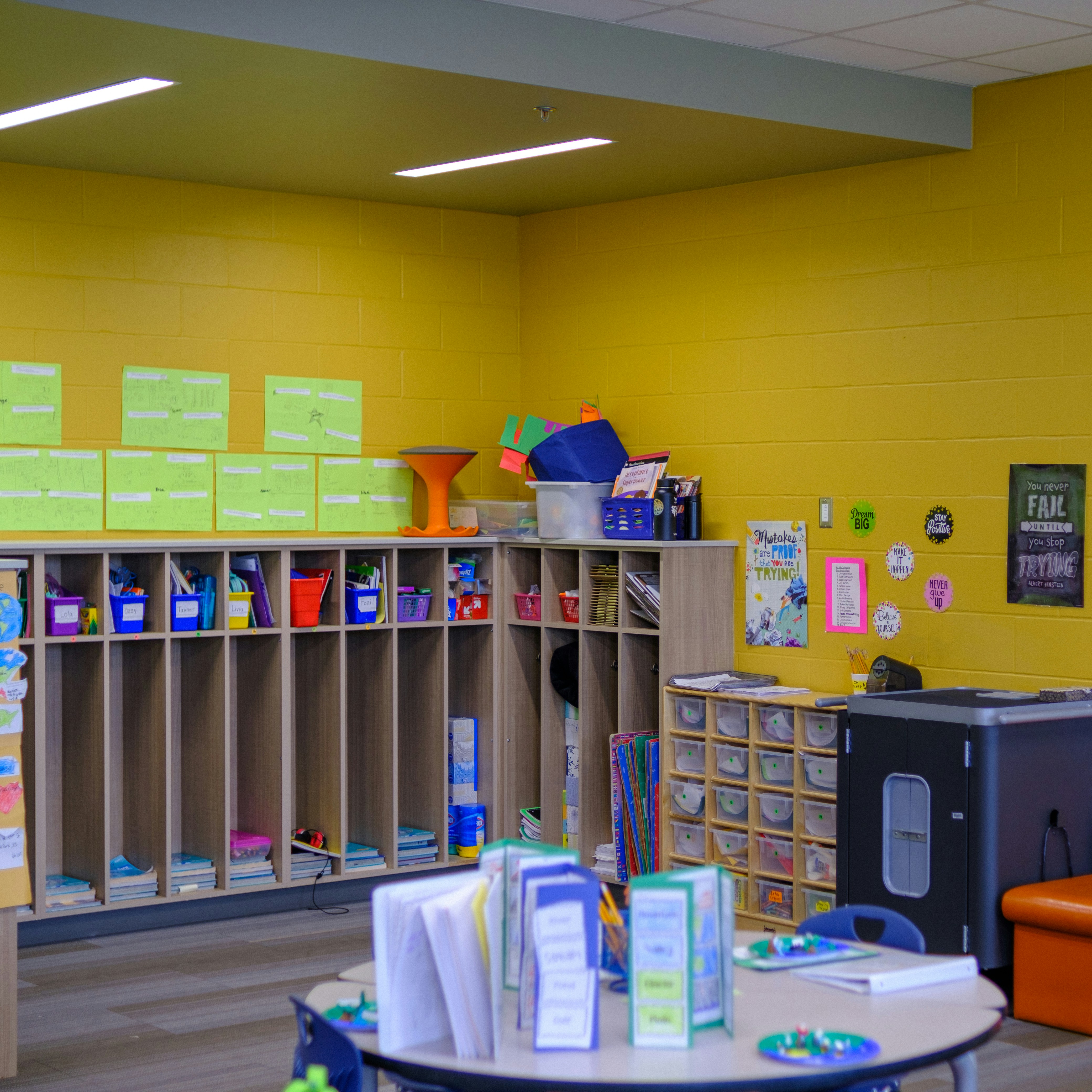 Sunny Yellow Classroom Nook with Sorting Cubbies