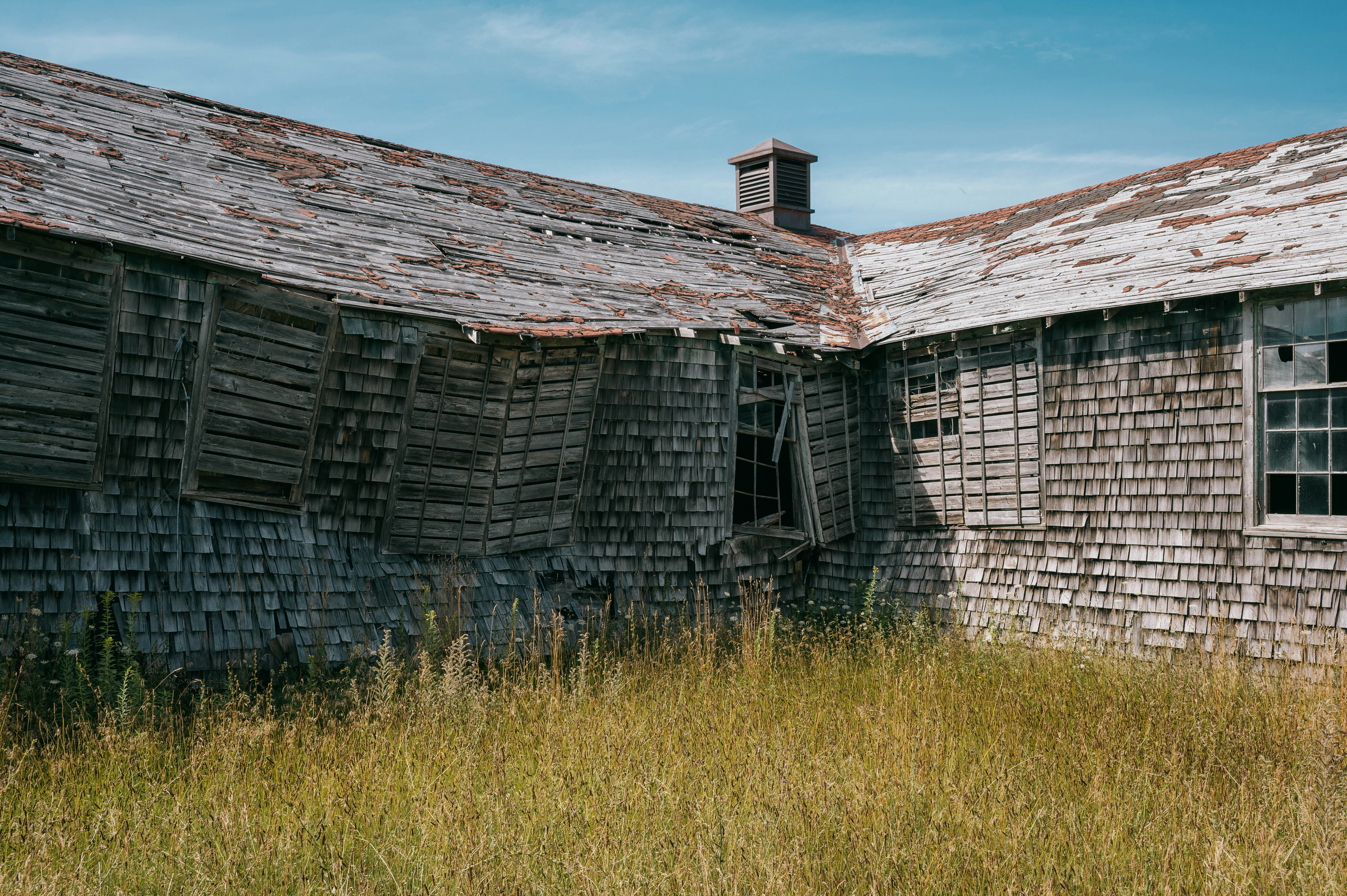 Weathered Village: Sunlit Decay and Grasses