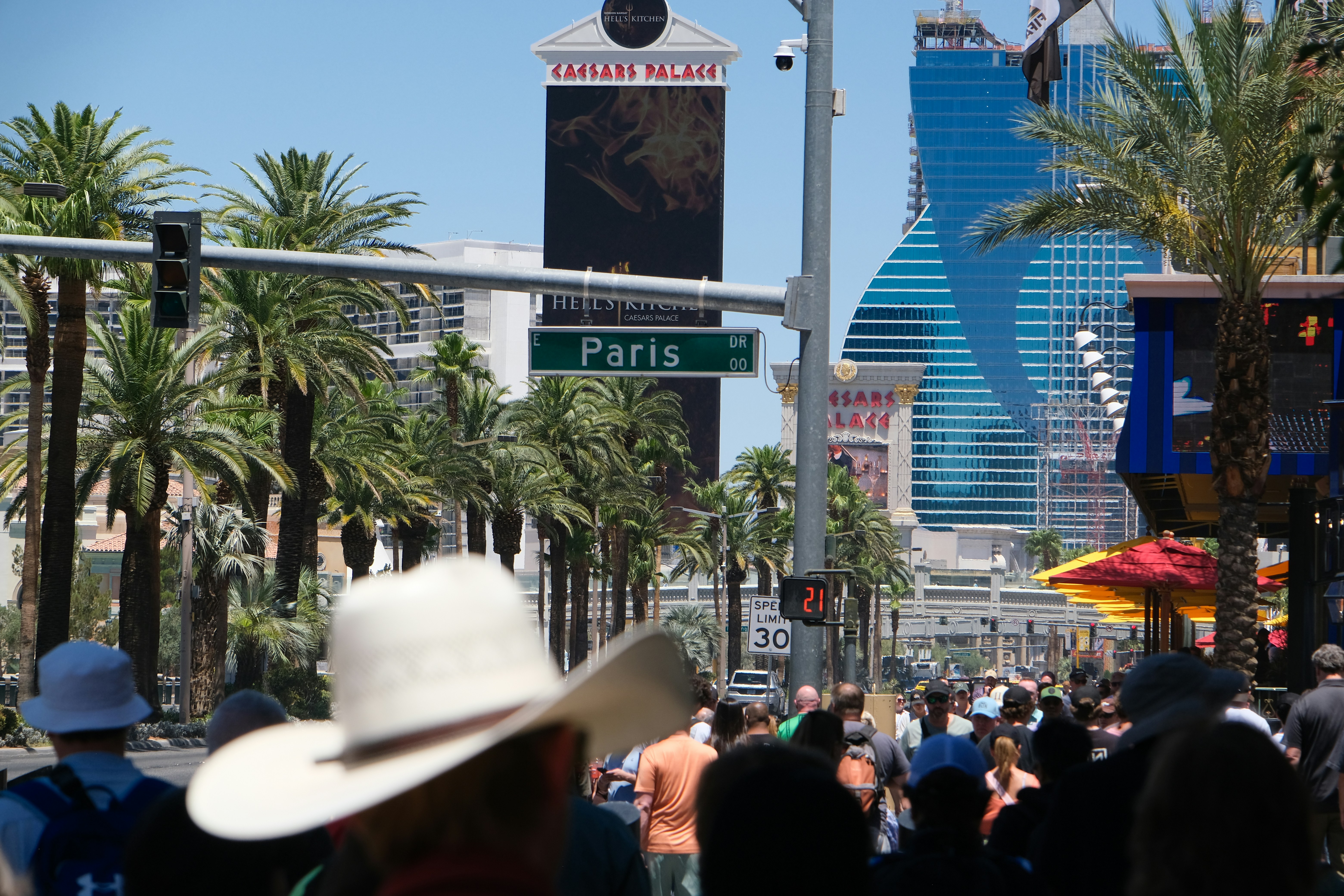 Las Vegas Boulevard Pulse: Palm Trees, Signs, and a Crowded Walkway