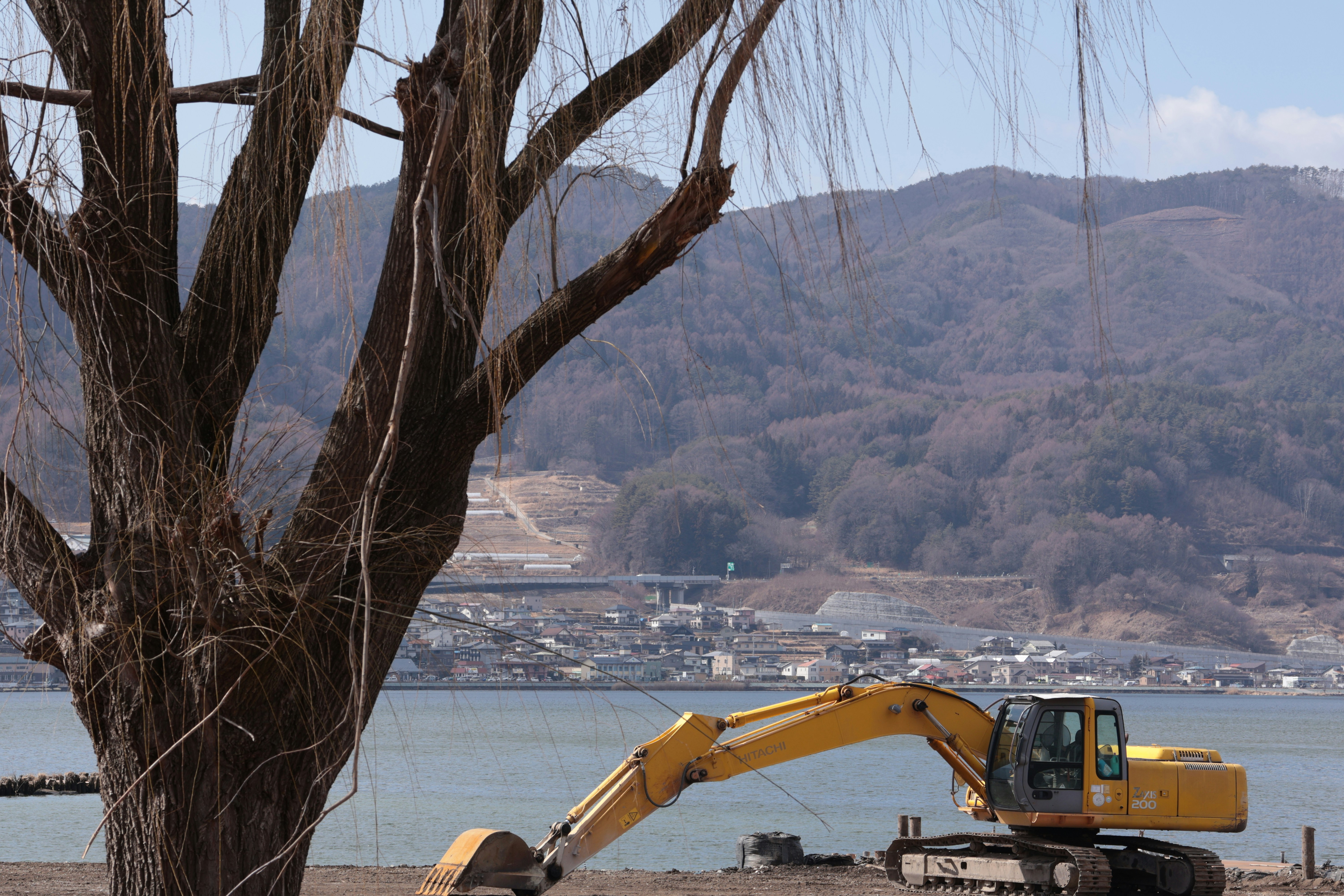 Yellow Excavator by a Quiet Lake with Branch in Foreground