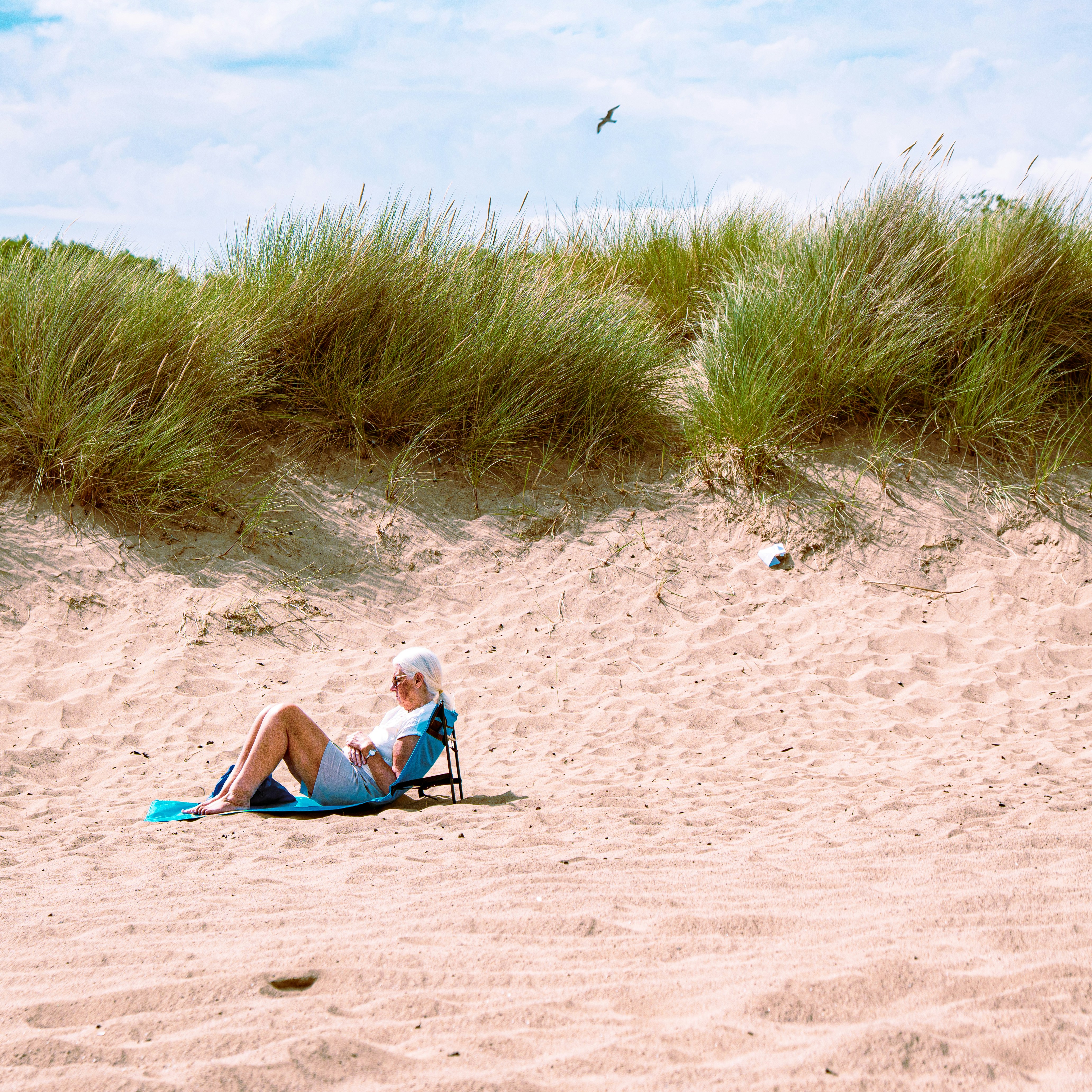 Sunlit Recline: A Beachgoer Finds Quiet in the Dune Fringe