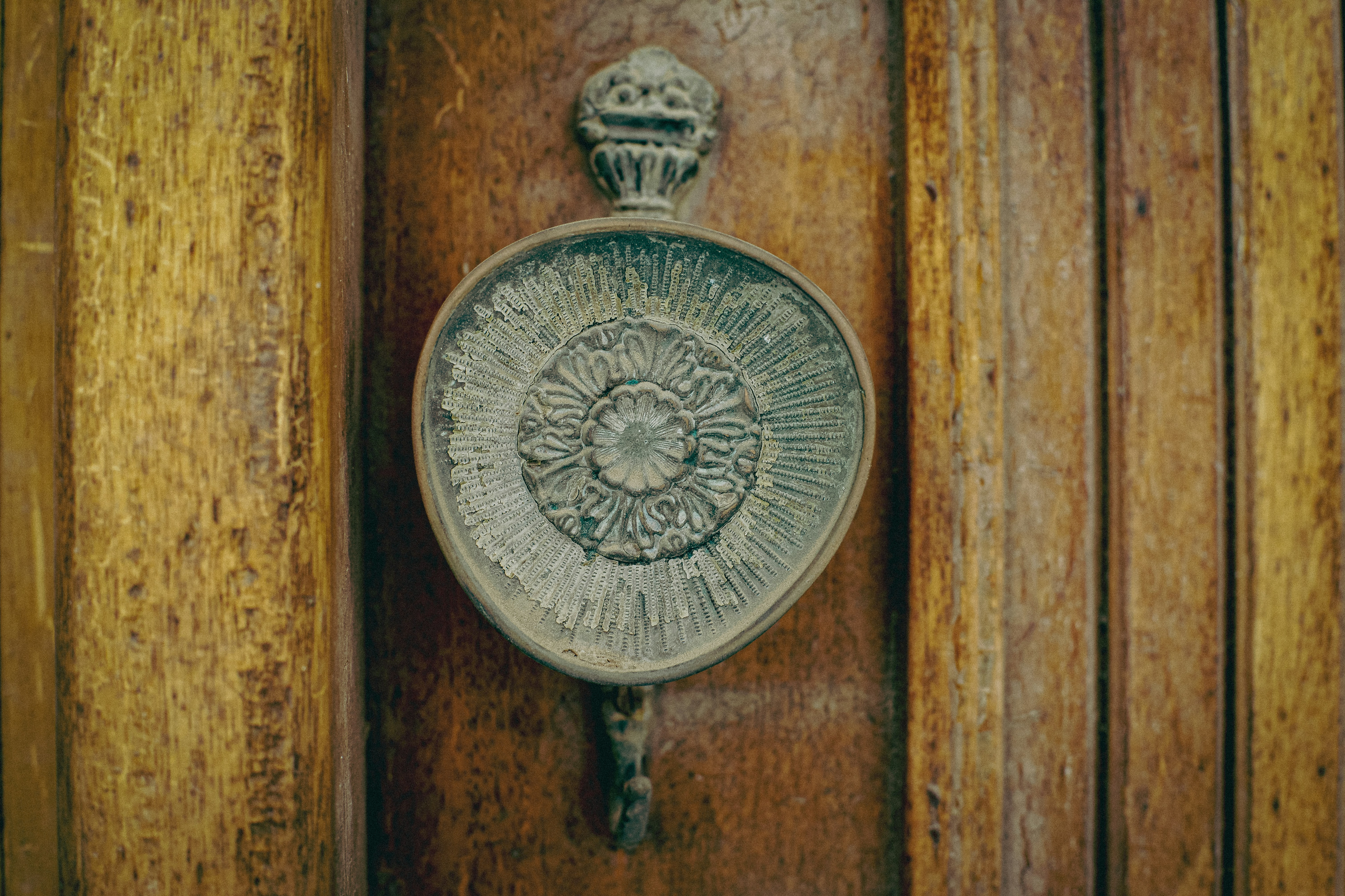 Ornate Door Knocker Centerpiece on Weathered Wood