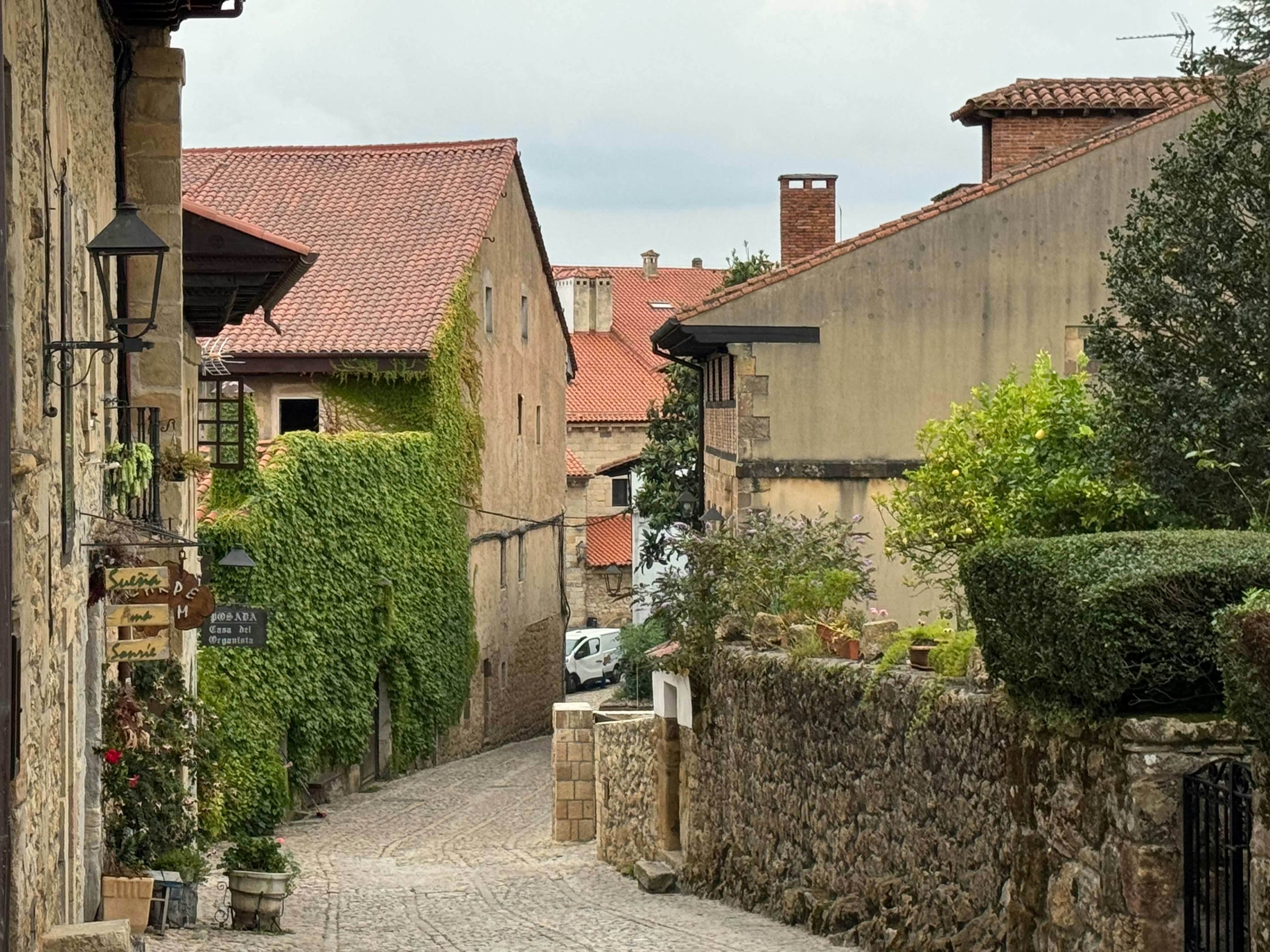 Quiet stone lane with ivy-wrapped walls leading toward a sunlit alley