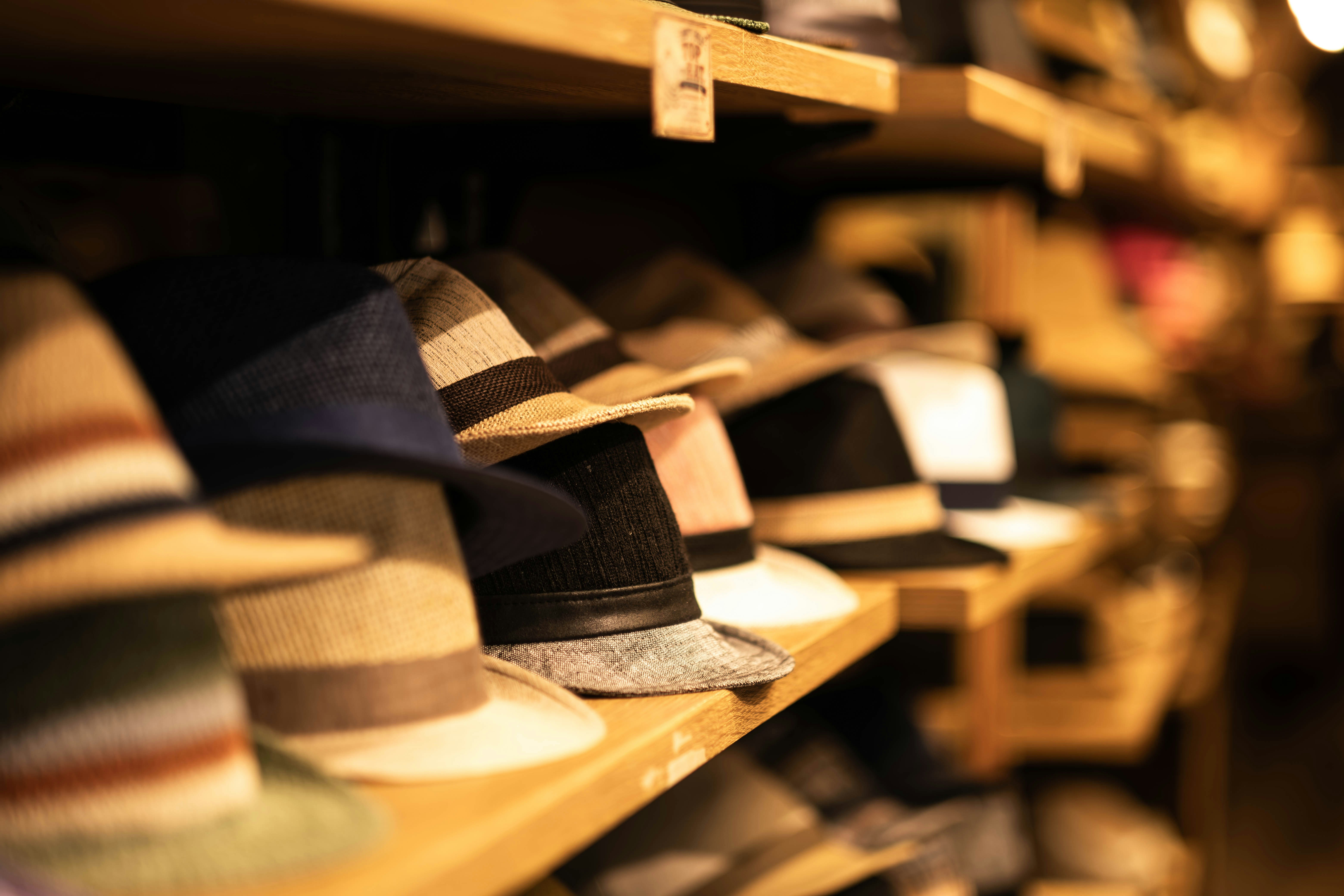 Rows of Hats: Quiet Boutique Shelf with Warm Ambience