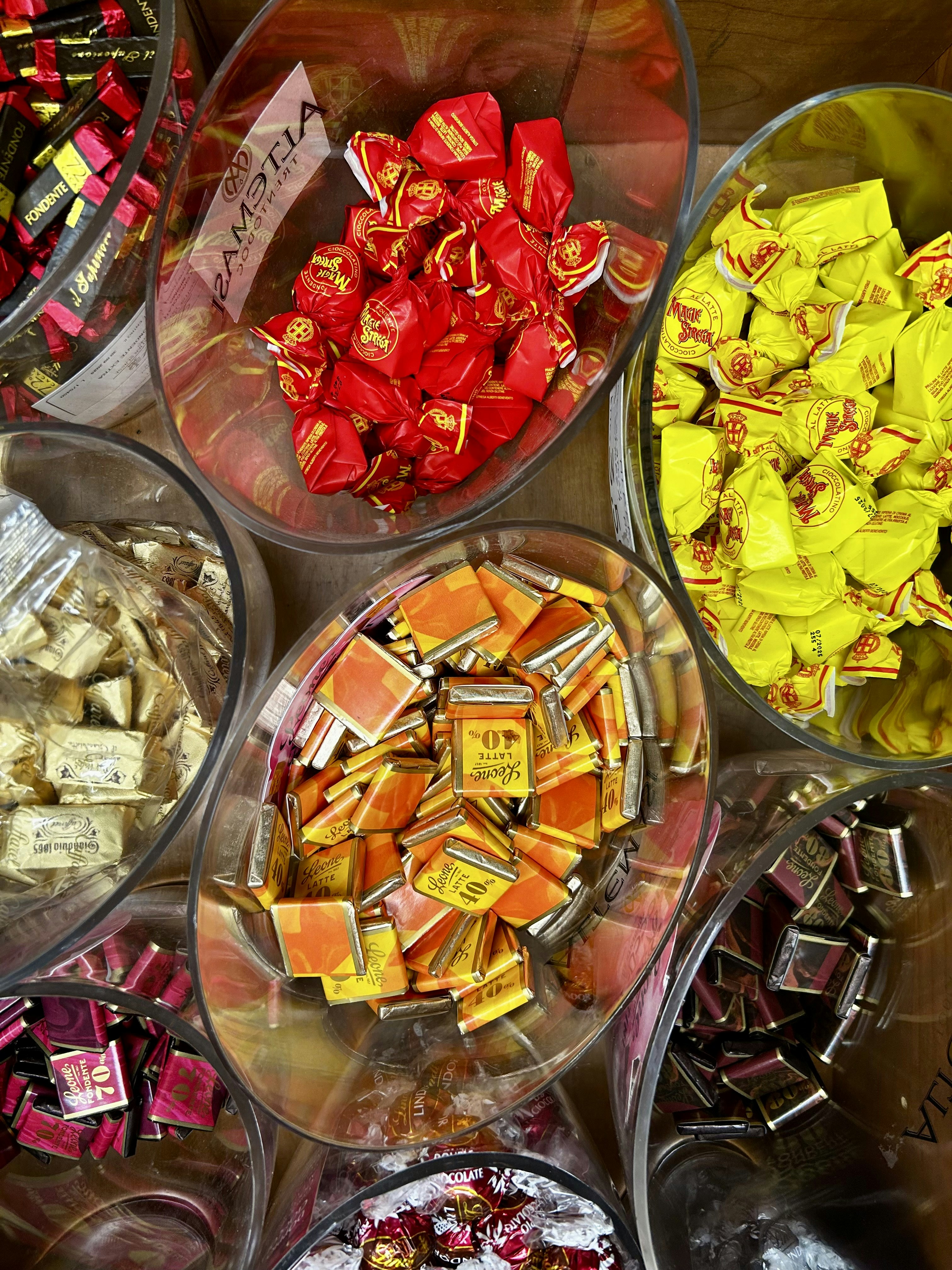 Candy Carousel: A Rainbow of Wrapped Treats in Glass Bowls