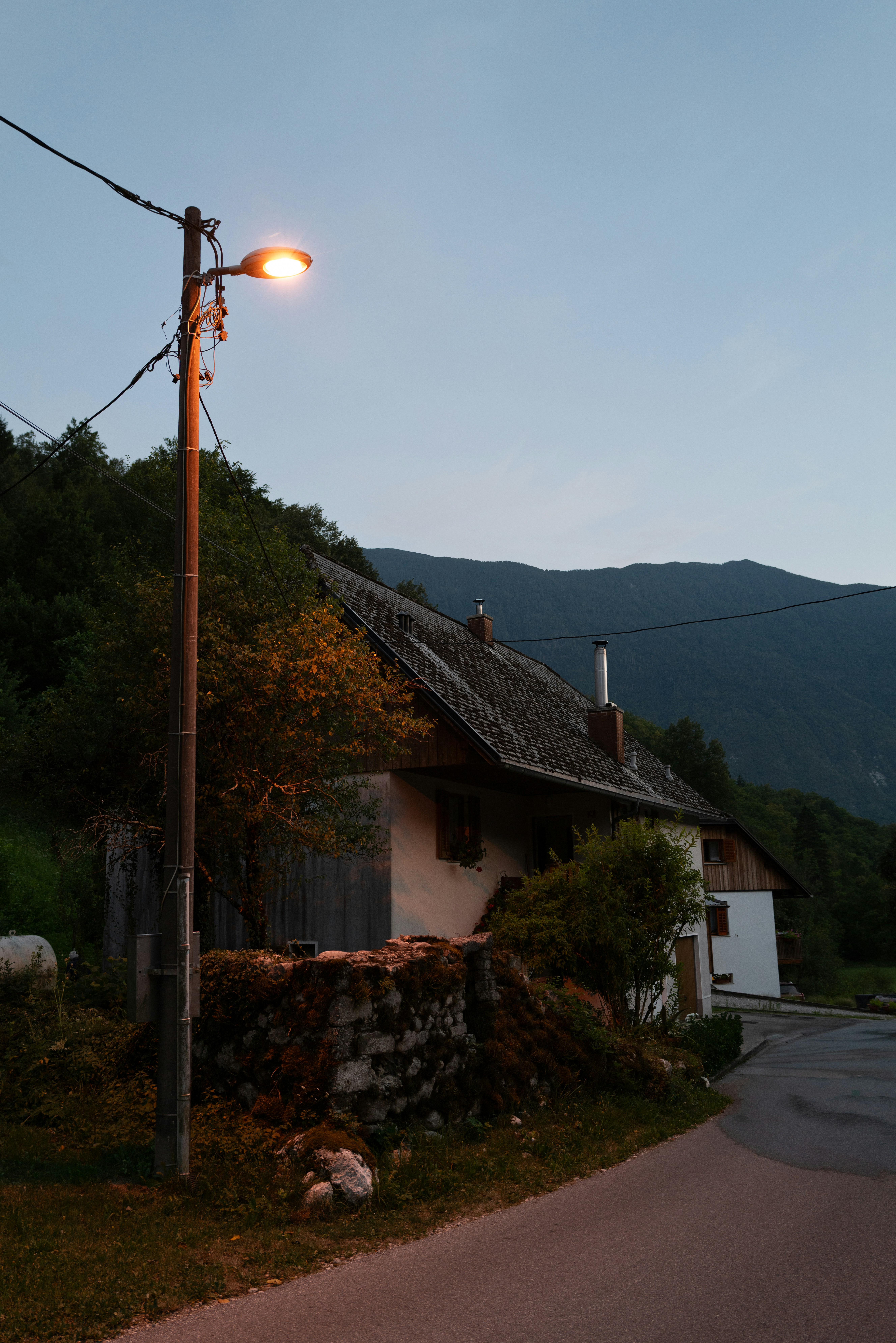 Quiet Village Enveloped by Dusk: A Roadside Chalet under a Quiet Street Lamp
