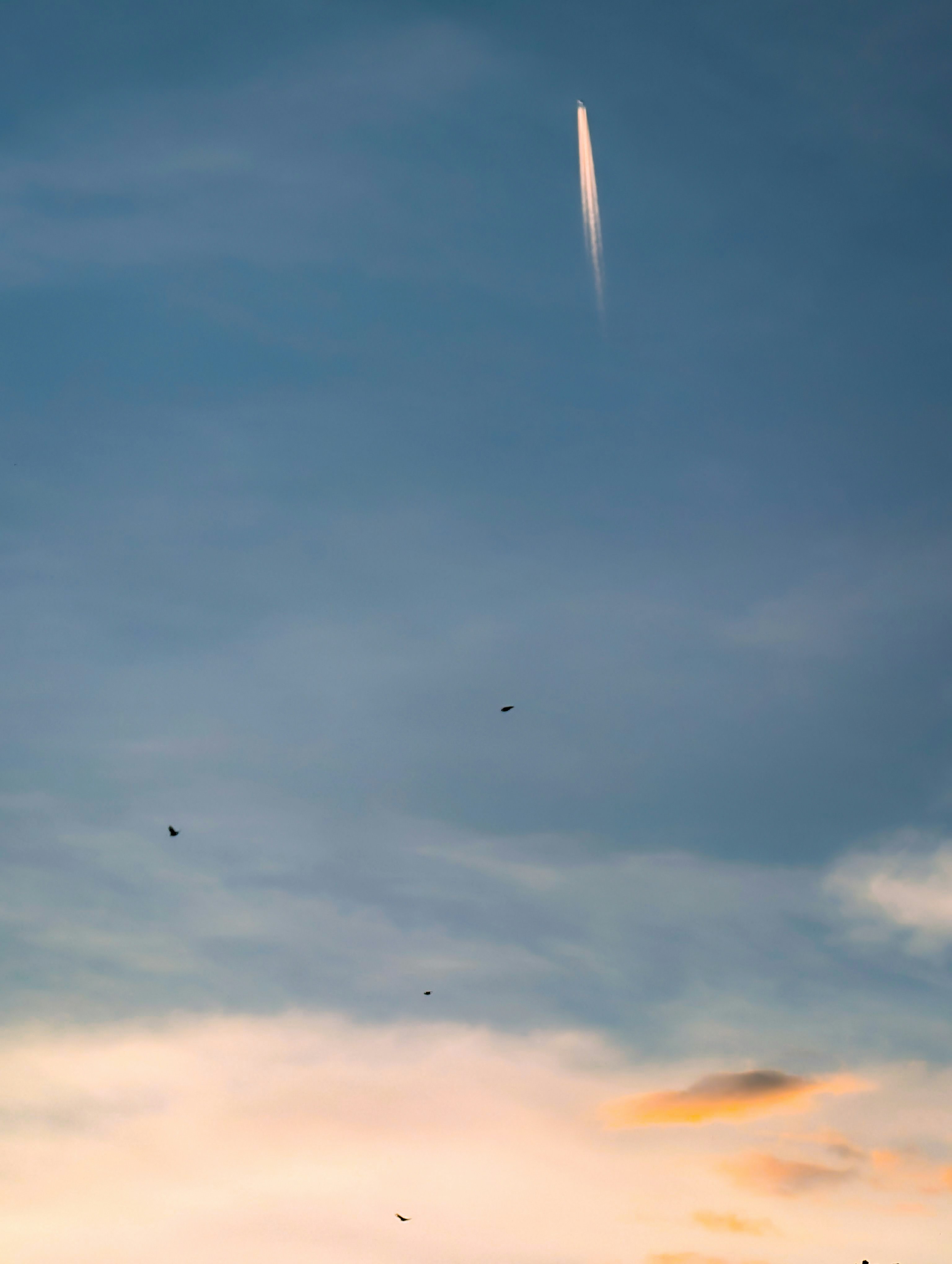 Ascending plume: sunset rocket trail slicing through a calm sky