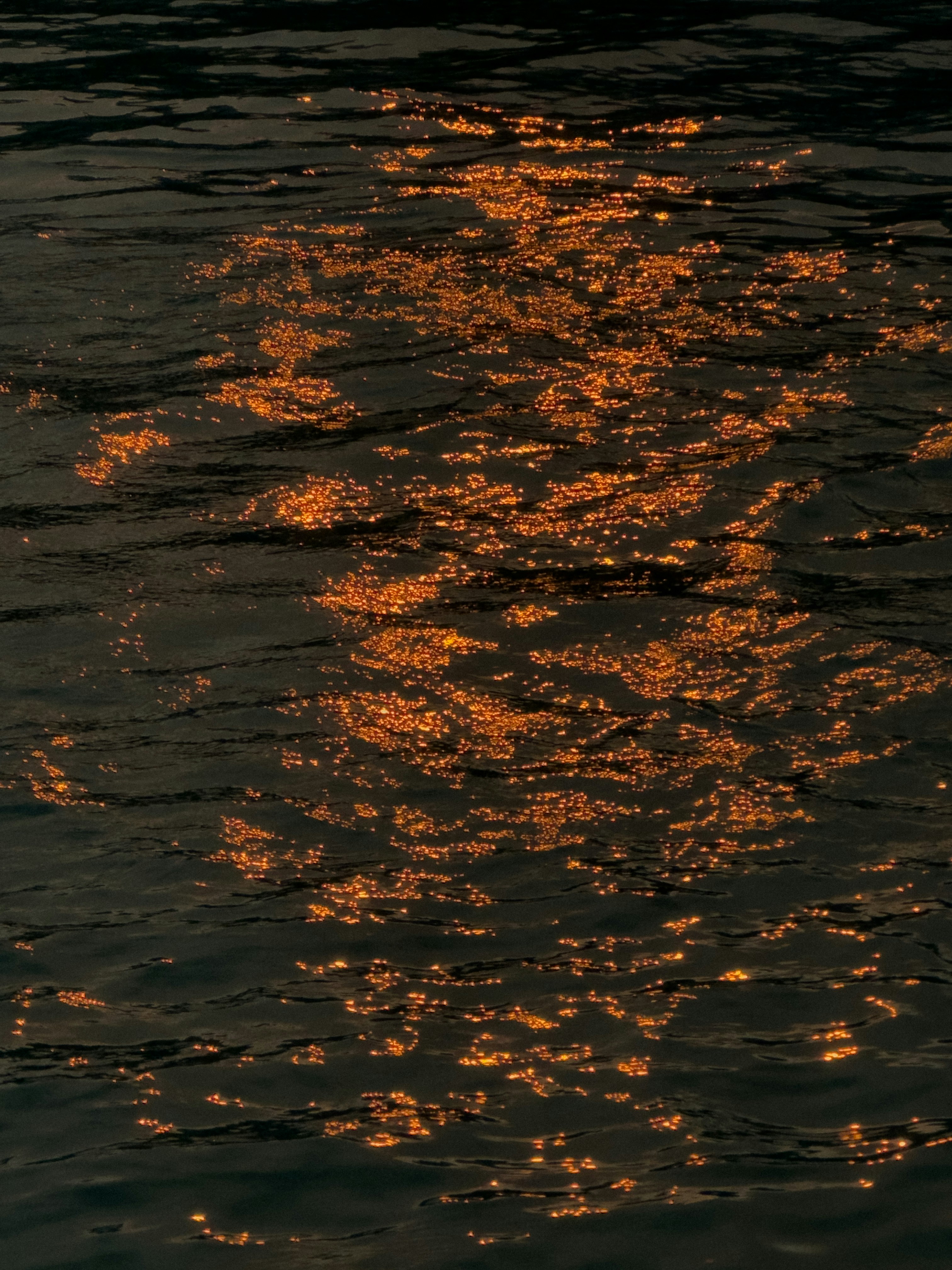 Streaks of orange light shimmer on dark water, capturing a serene sunset moment over the rippling surface.