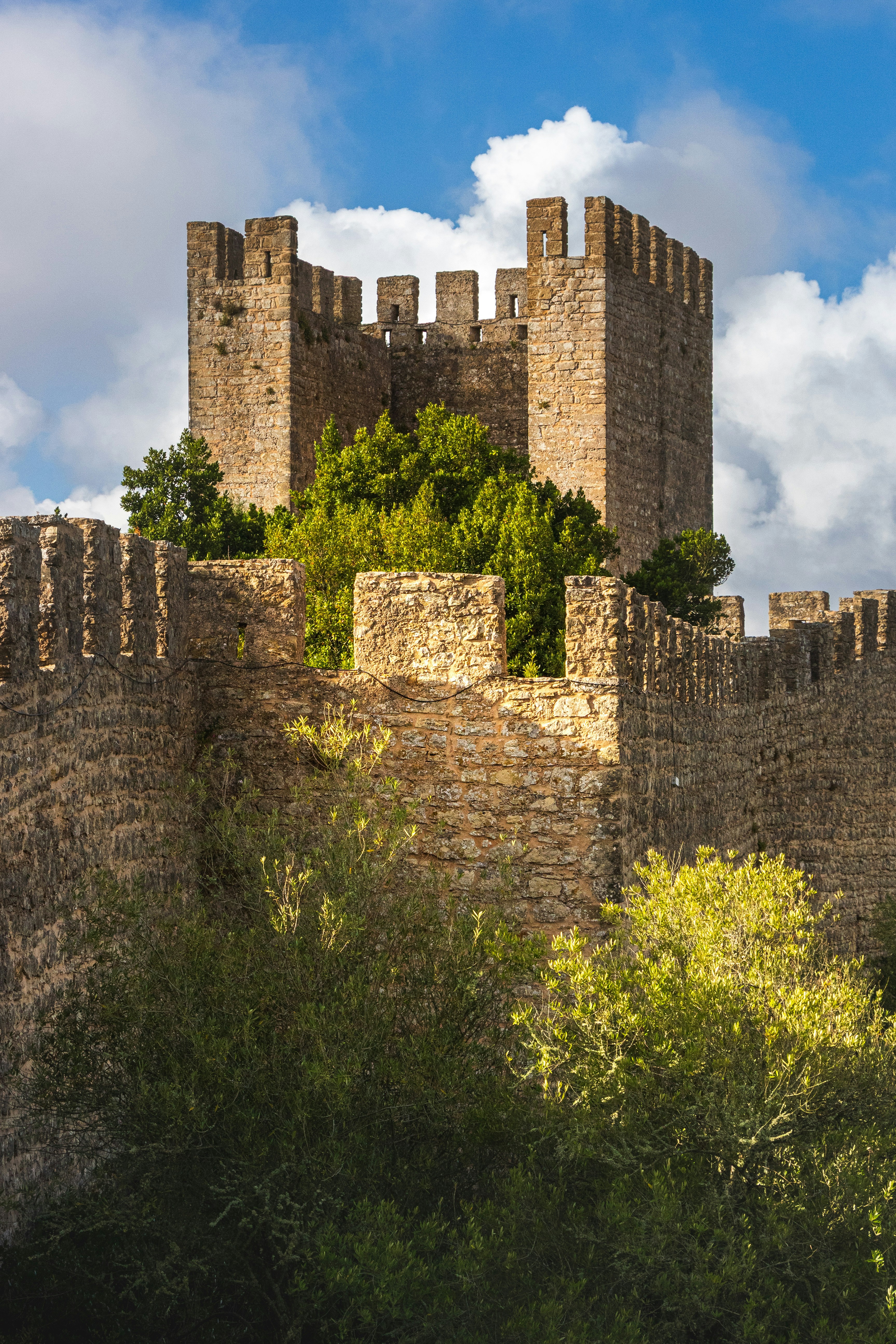 Medieval Watchtower Rising Above Verdant Battlements Under a Bright Sky