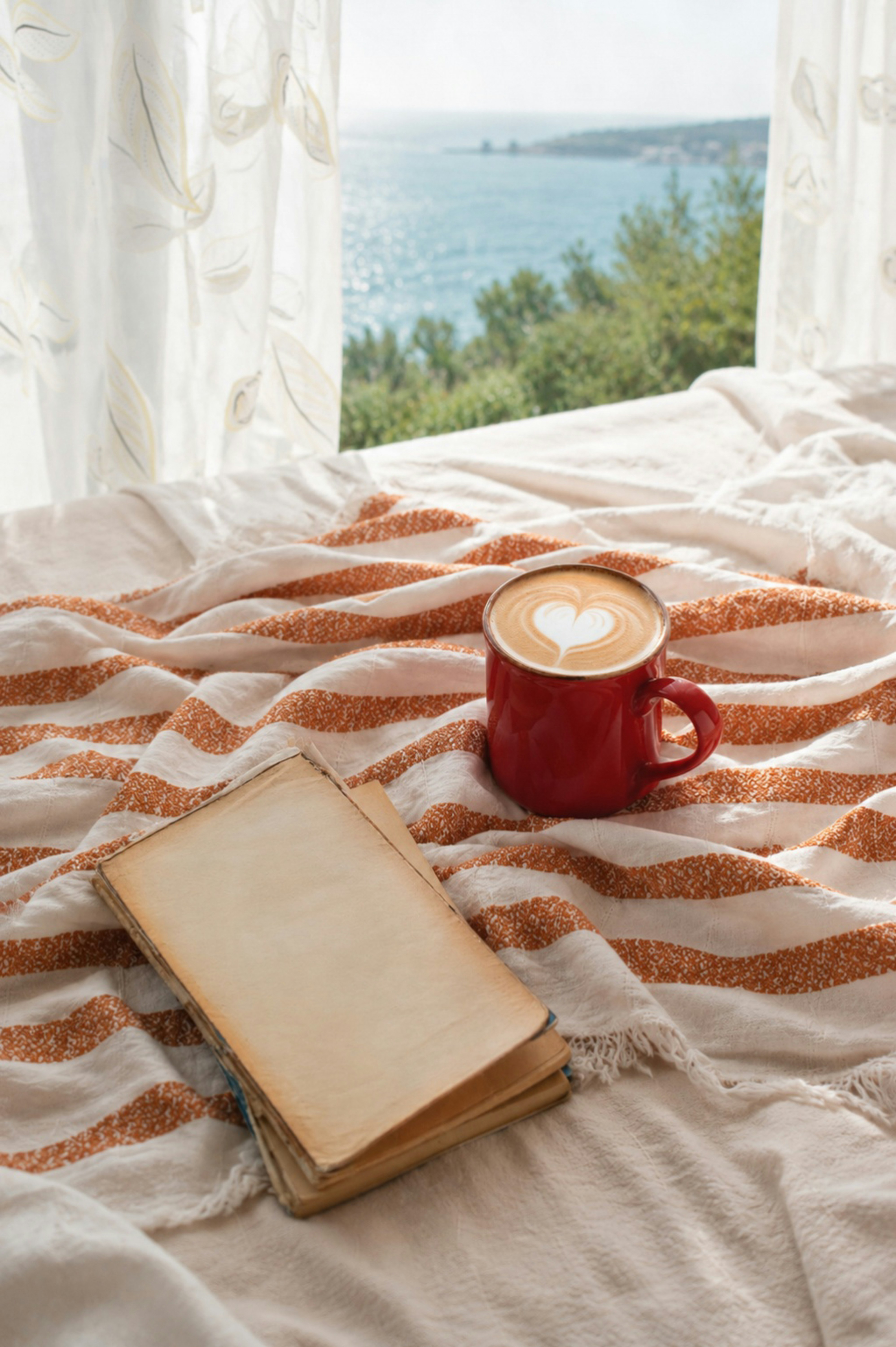 Cozy seaside morning: a cappuccino warms a blanket-lined bed