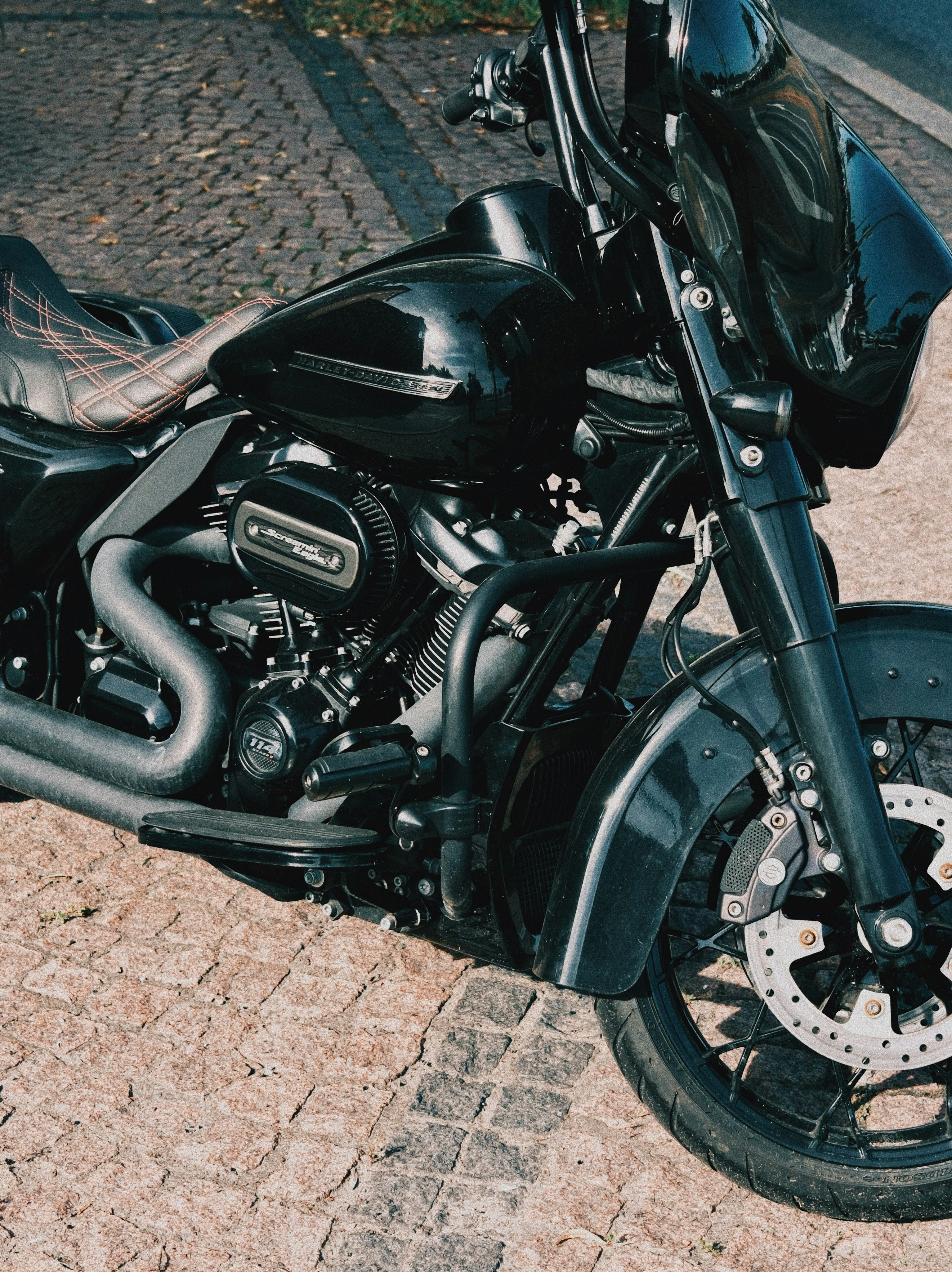 Midnight Power: a detailed close of a black Harley-Davidson motorcycle