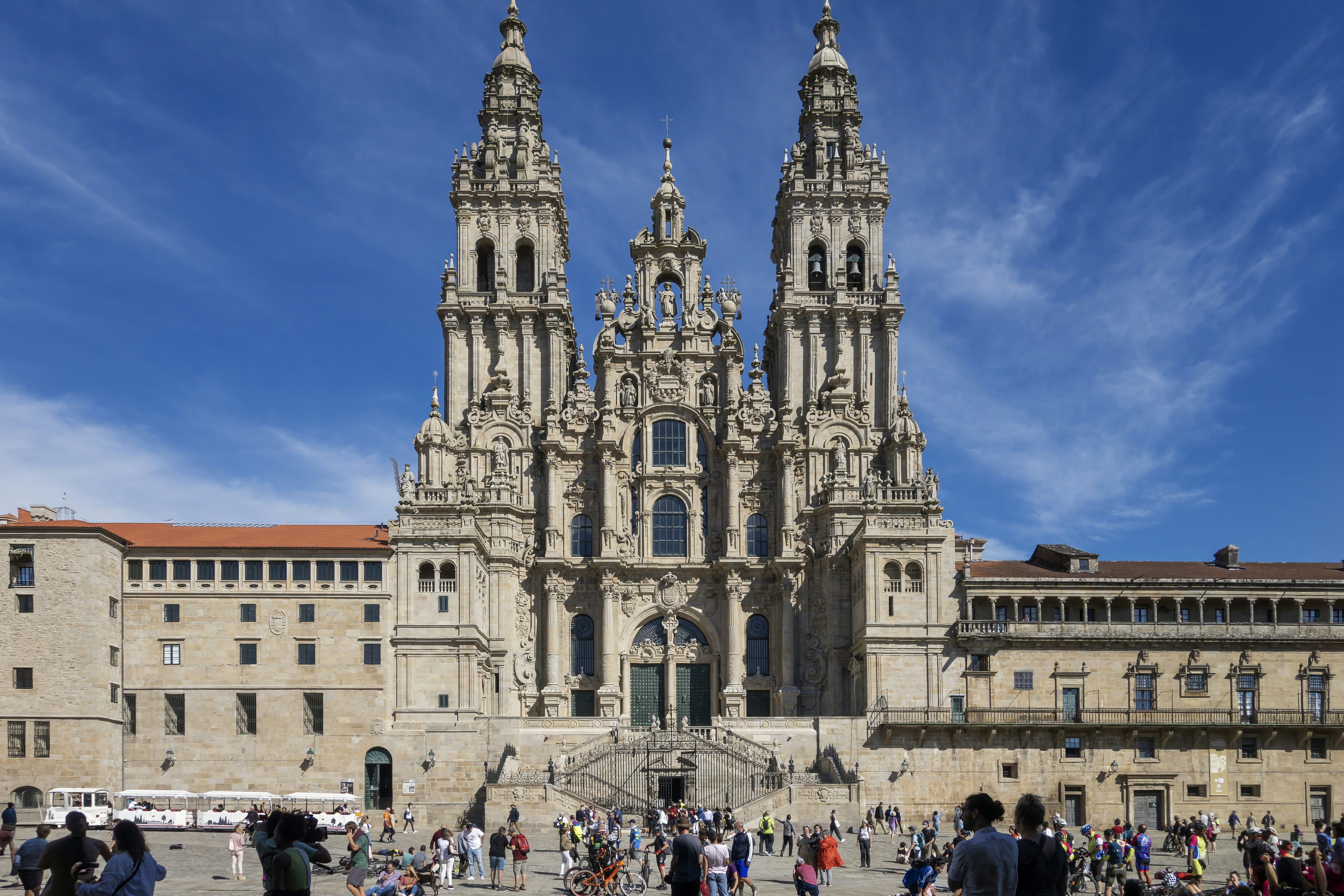 Facade of the Cathedral of Santiago de Compostela: a crowd under the twin towers