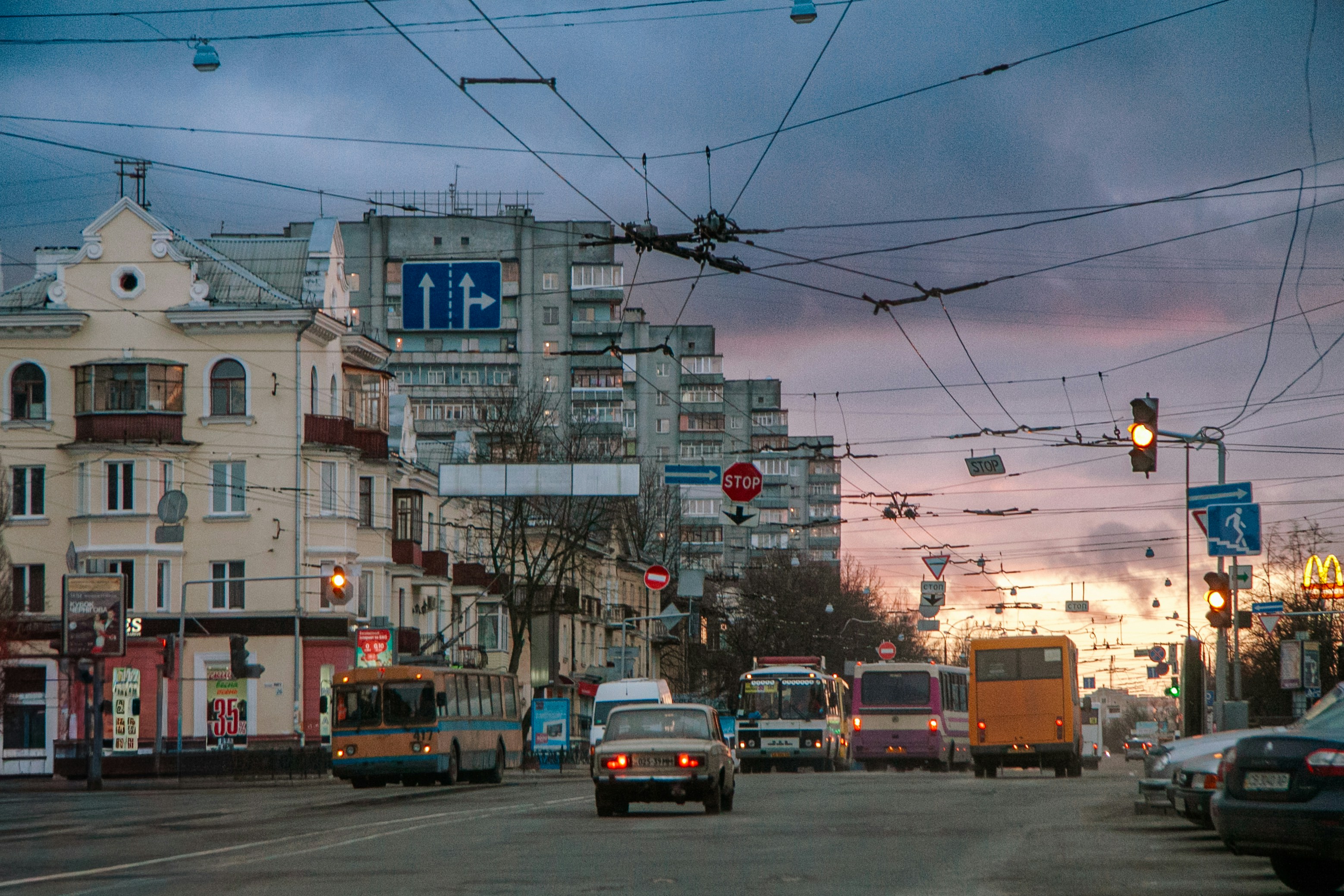 Traffic Veil at Sunset over a European Street