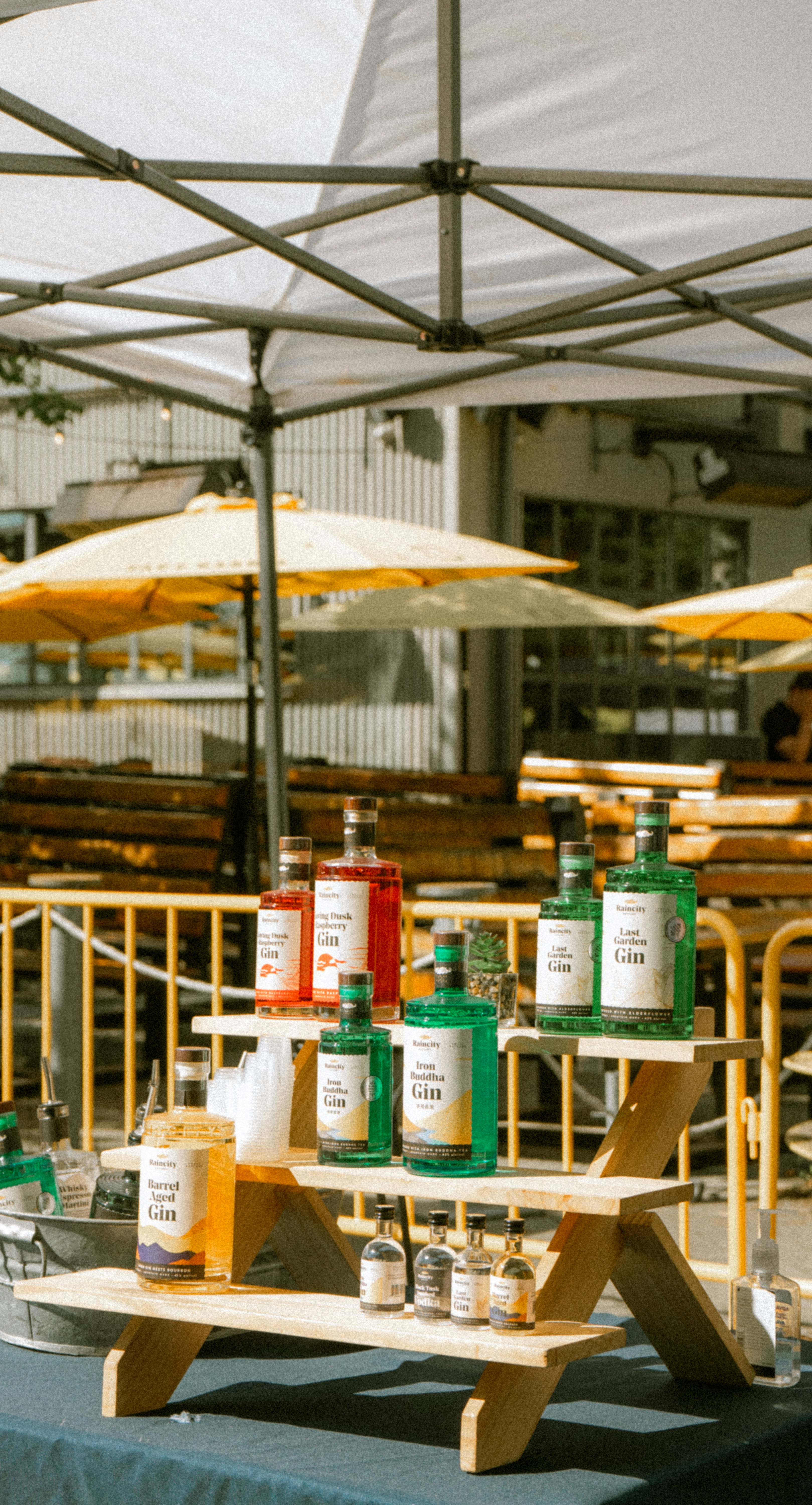 Sunlit Gin Display at an Outdoor Market