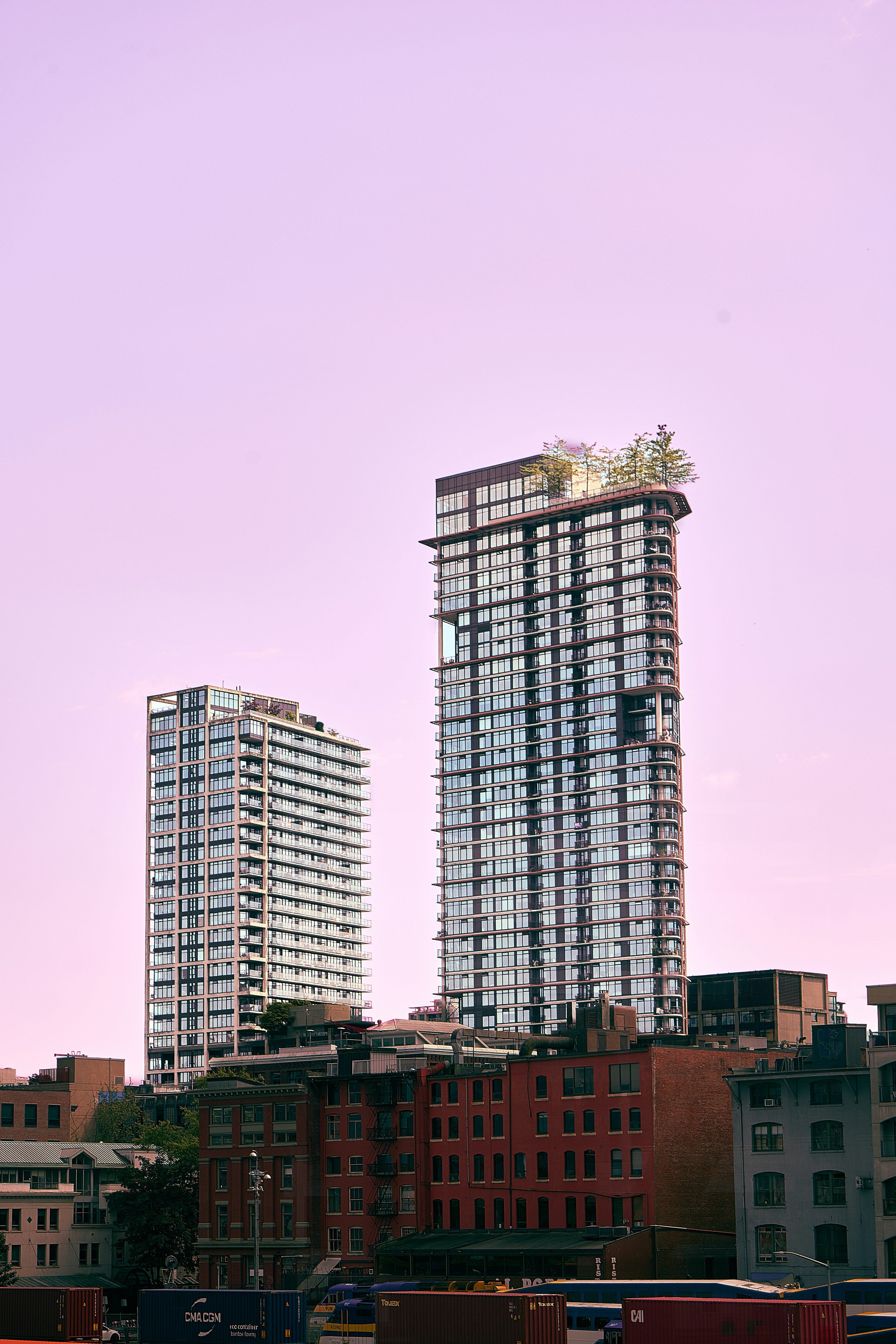Skyline Ascending: A Pair of Modern Towers Against a Pinked Skyline
