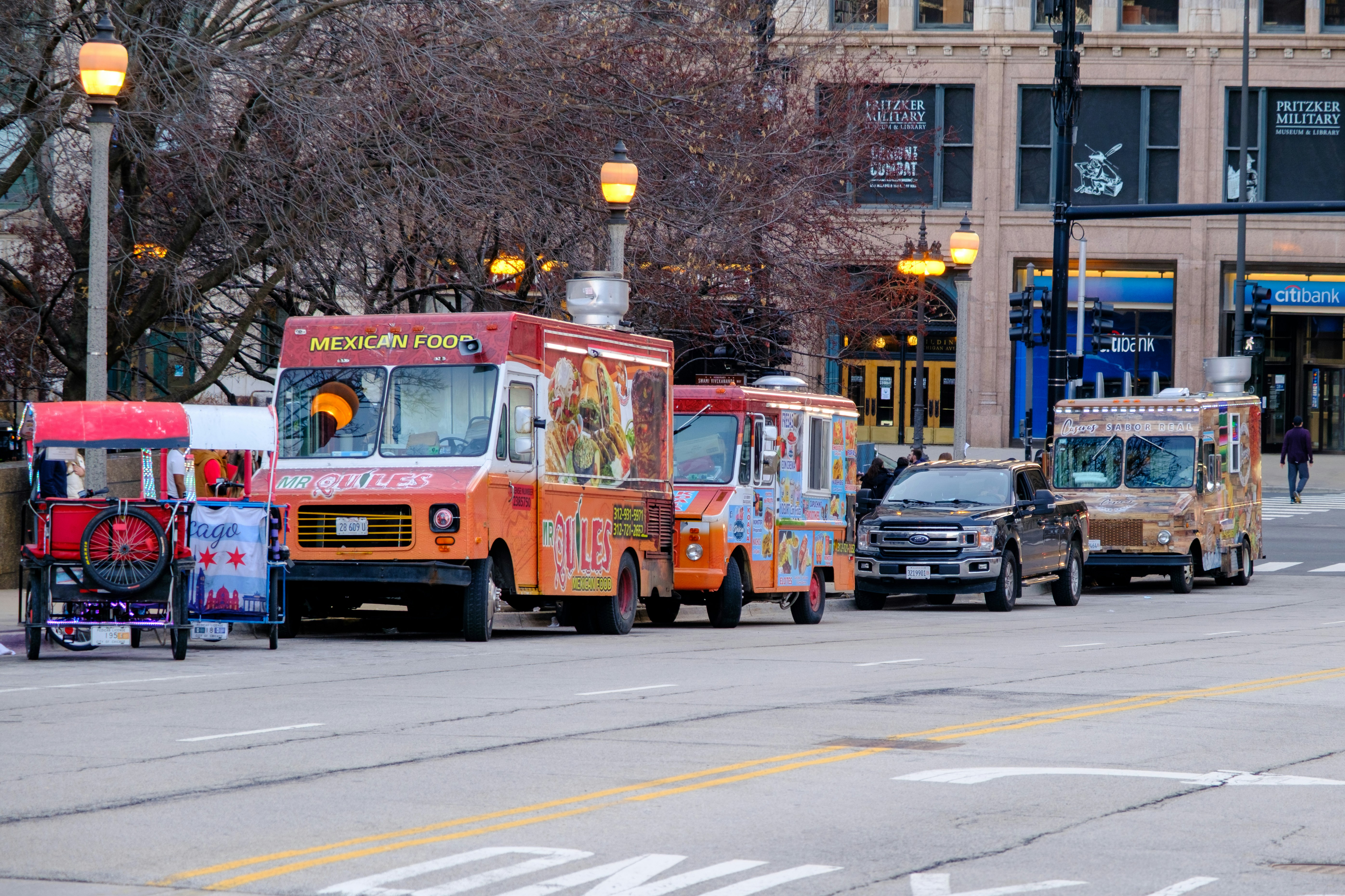 Colorful Food Trucks Align the City Street