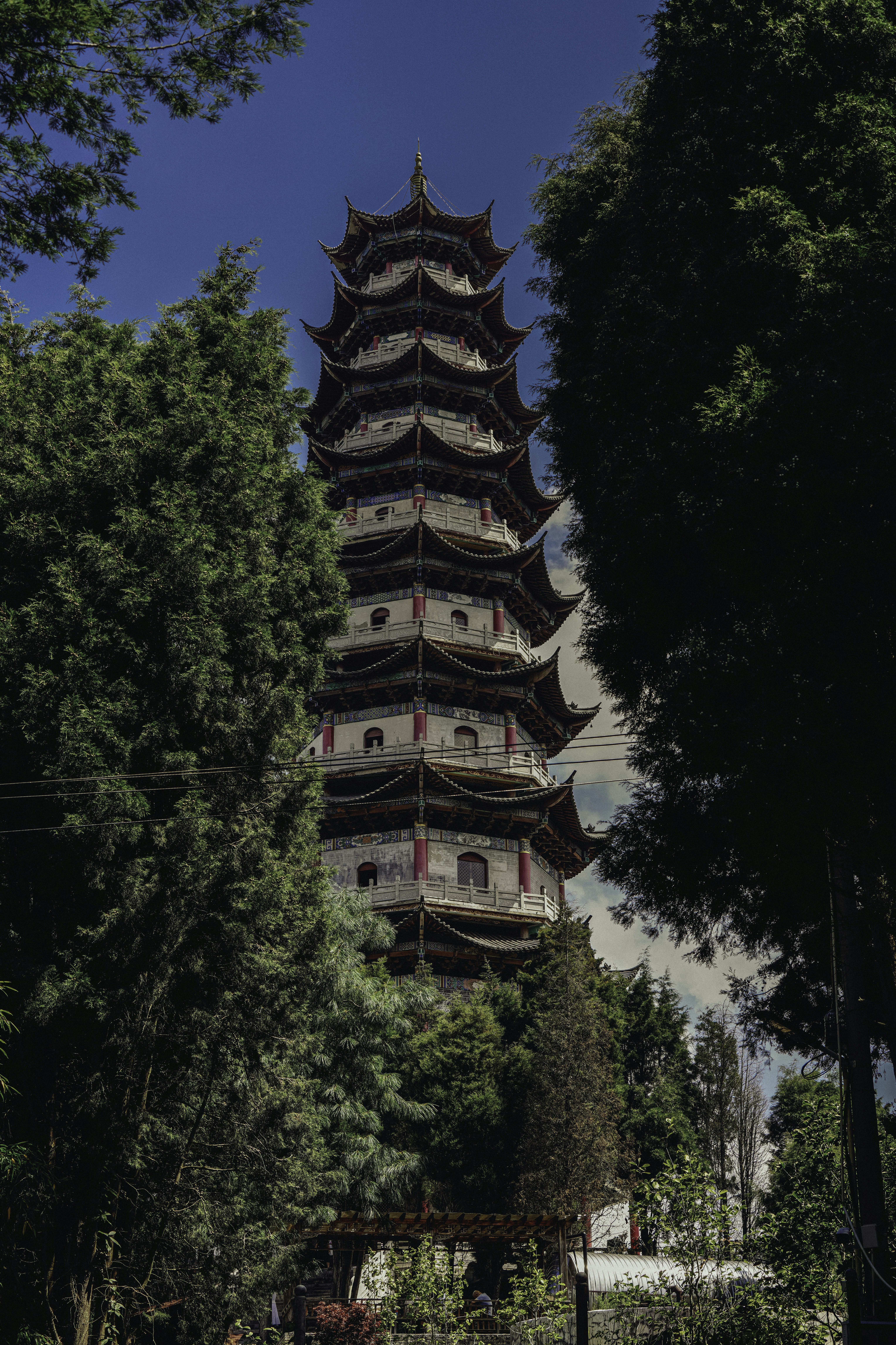 Pagoda in a Green Corridor: A Towering Shrine Framed by Trees