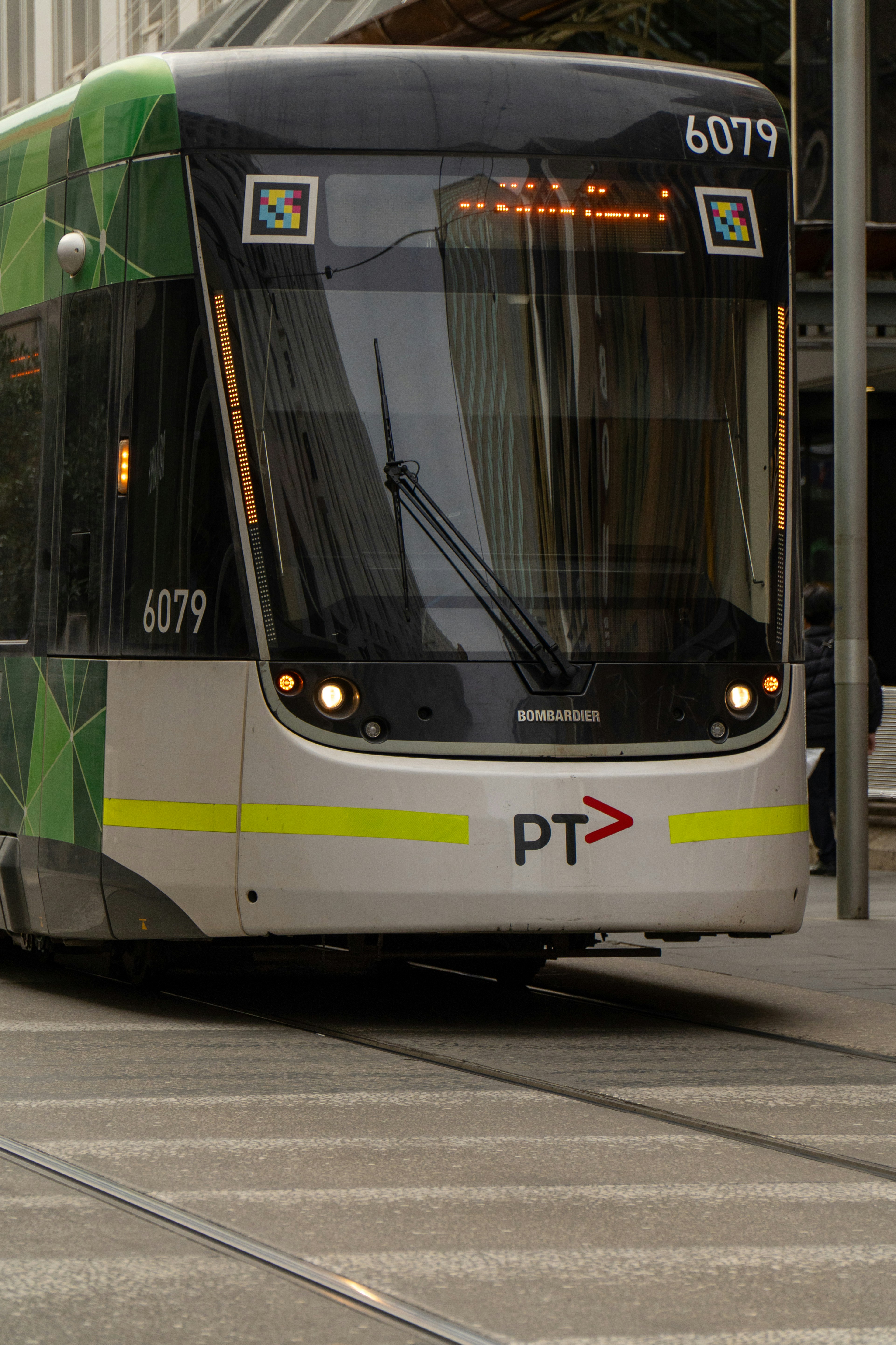 Front-on View of a Modern Tram at a City Terminal