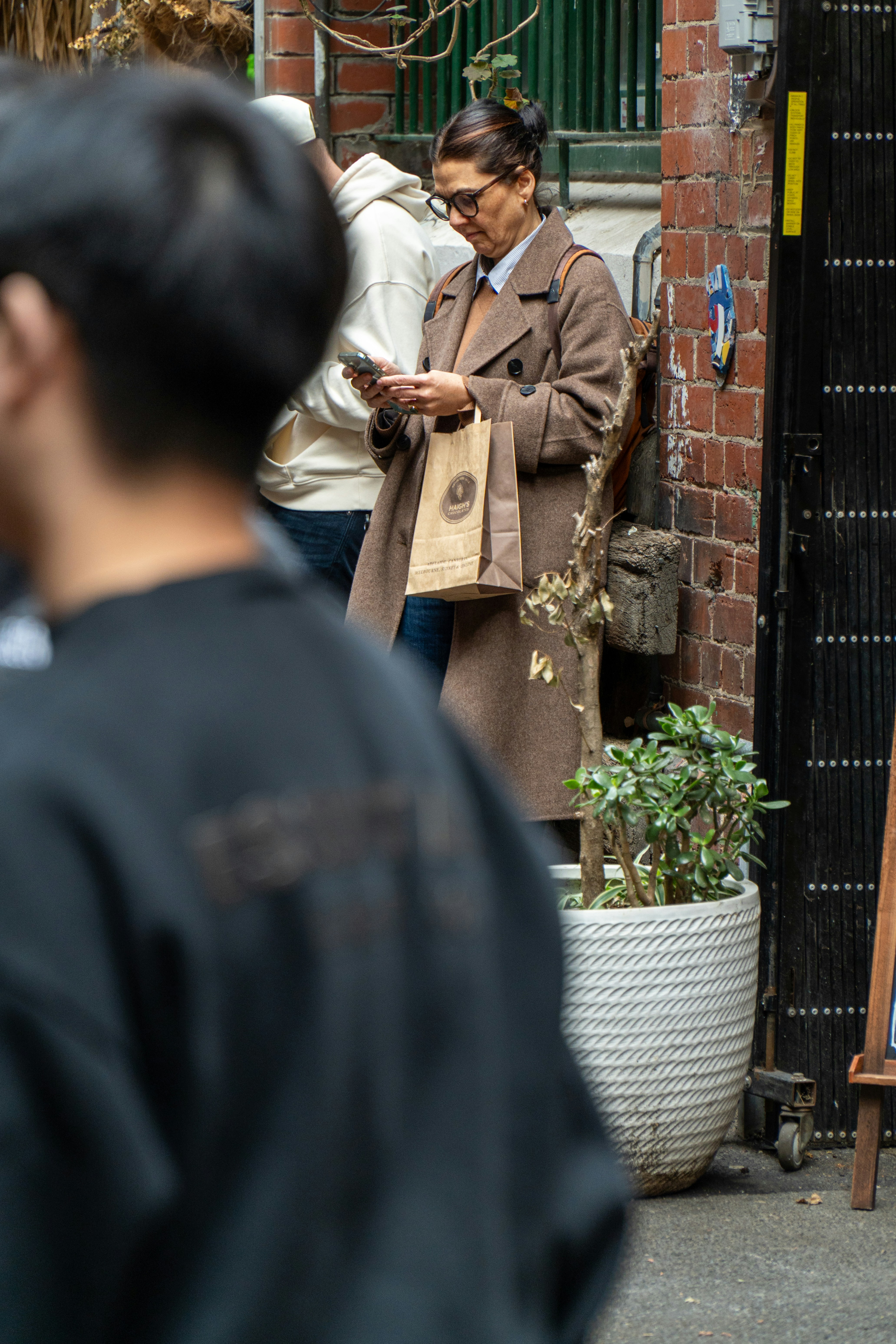 Quiet Moment on the Sidewalk: A Woman Checks Her Phone Beside a Potted Plant