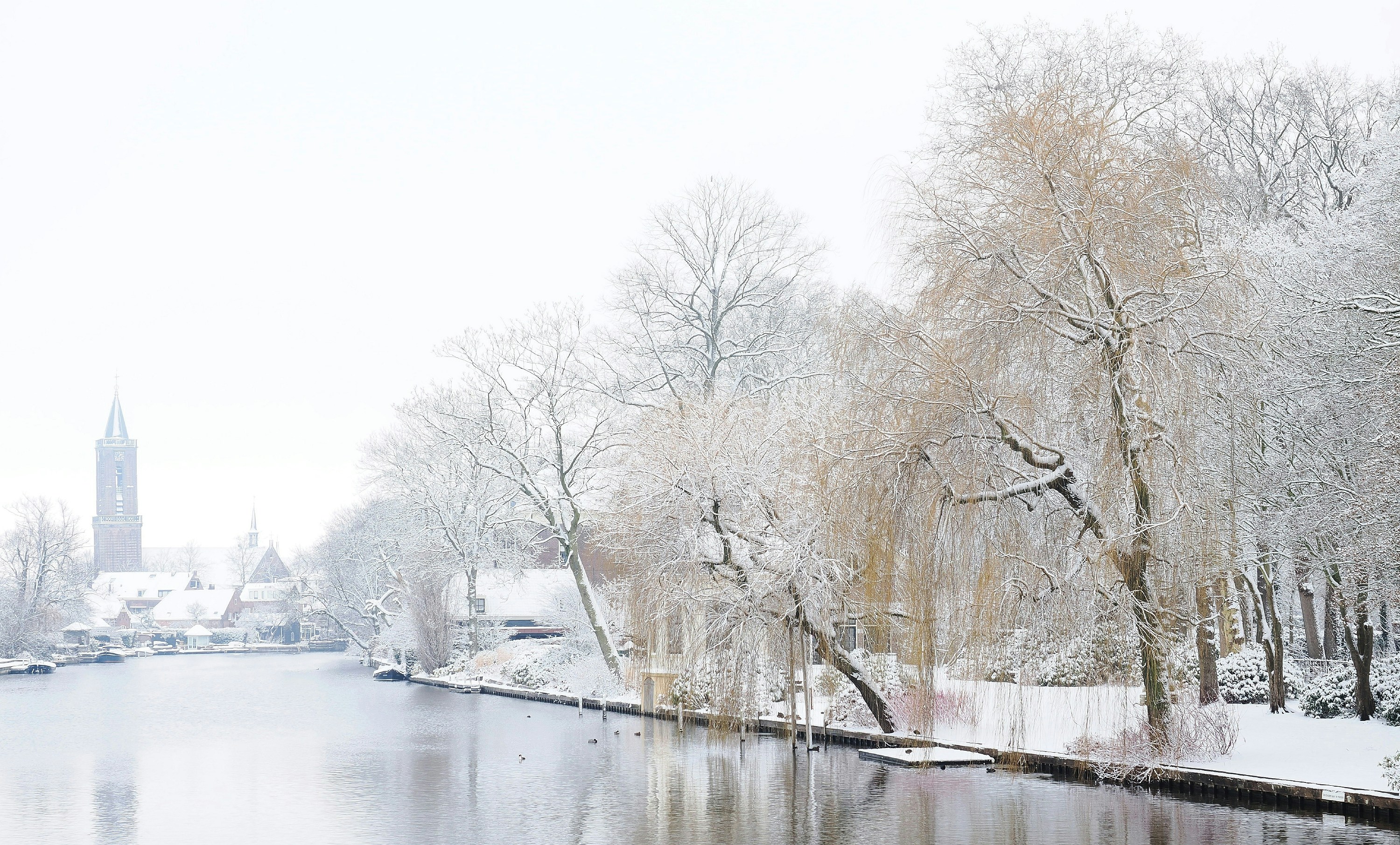 Snowbound Riverside Silence with a Distant Spire