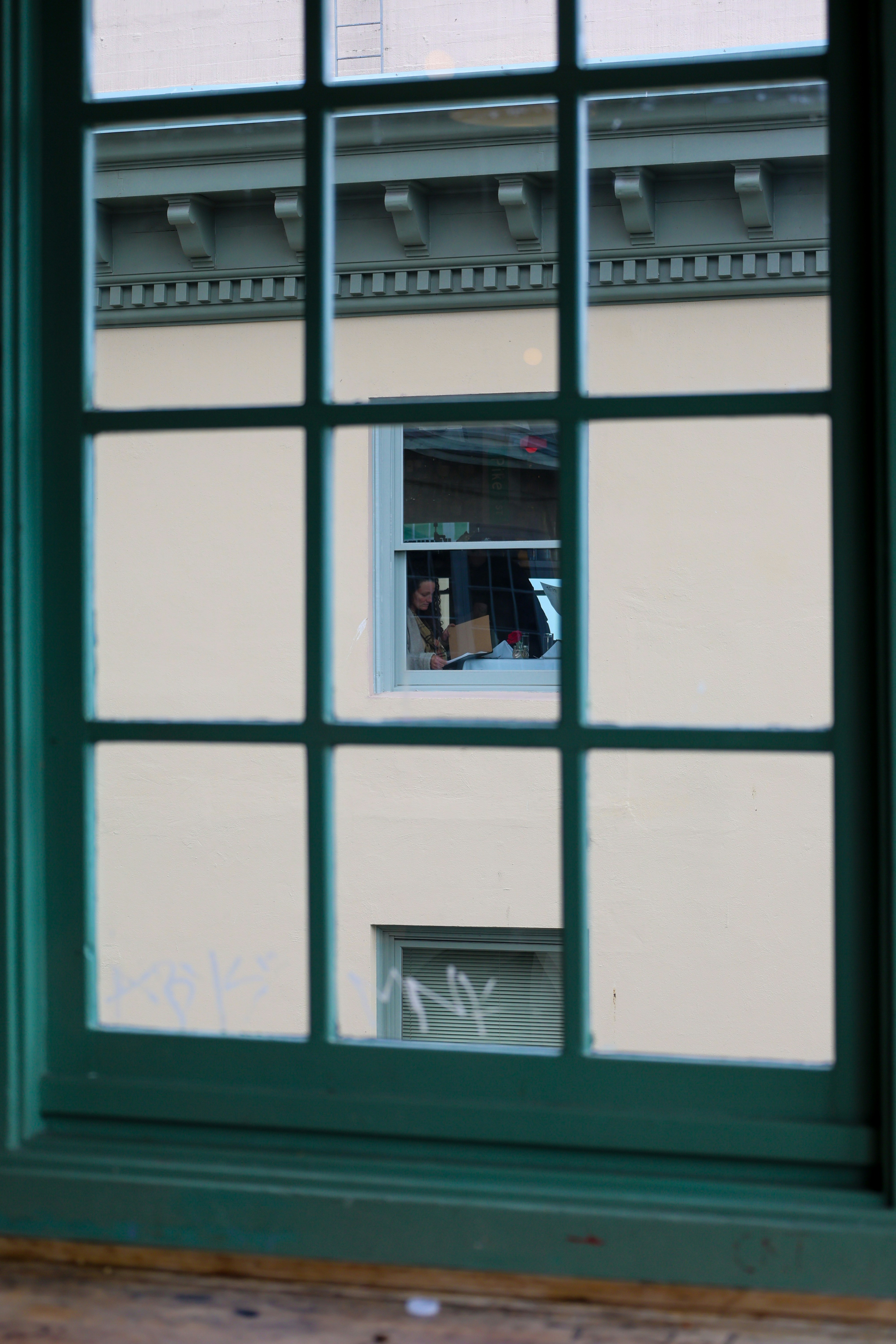 View Through a Green Frame: A Quiet Window Within a Building Facade