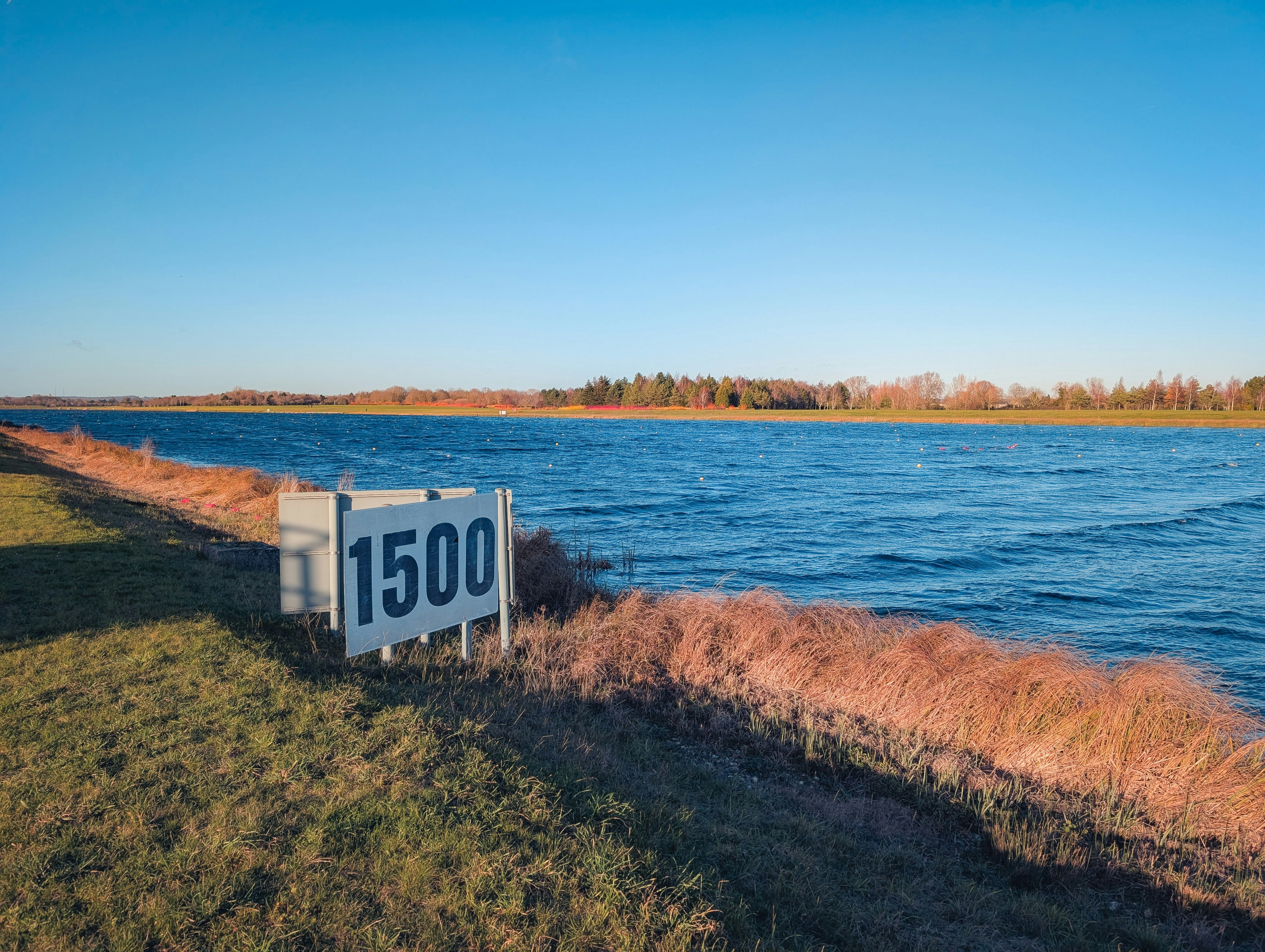 Signboard with 1500 stands near a calm riverbank under clear sky, grasses glowing in autumn light; outdoor landscape shot (photo).