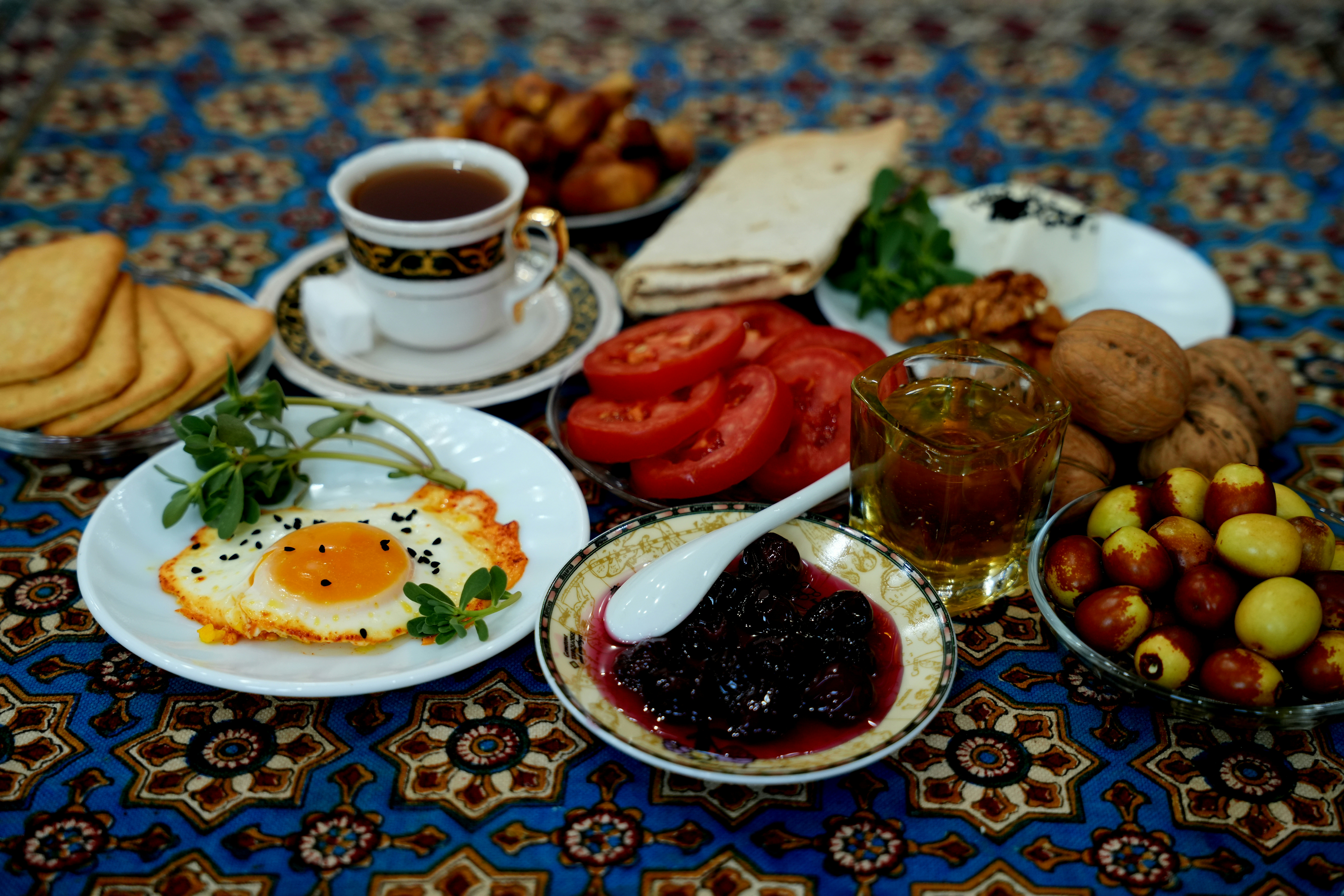 Sunlit Morning Spread with Fried Egg and Assorted Pastries