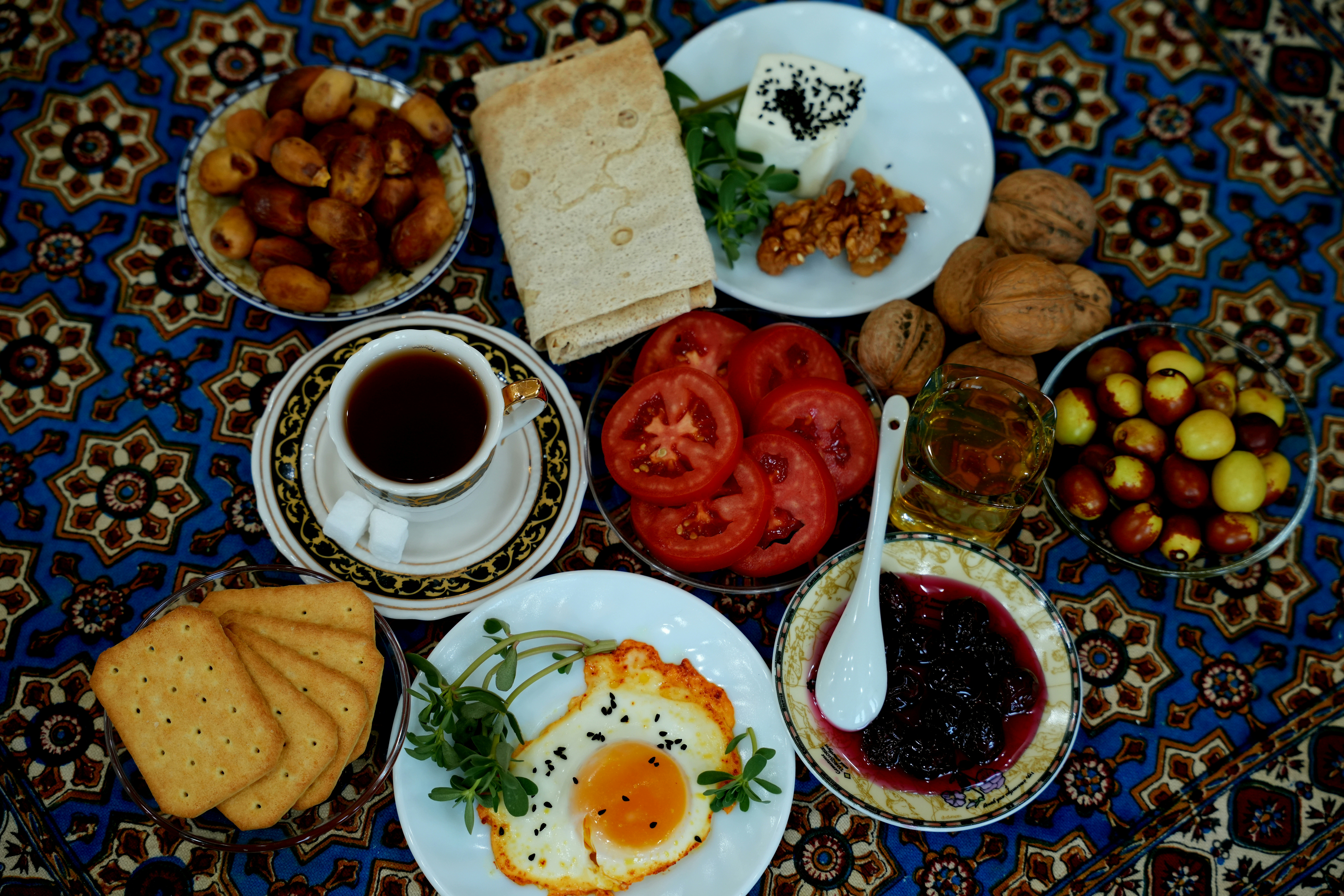 A Rustic Medley: Morning Spread on a Persian Tablecloth