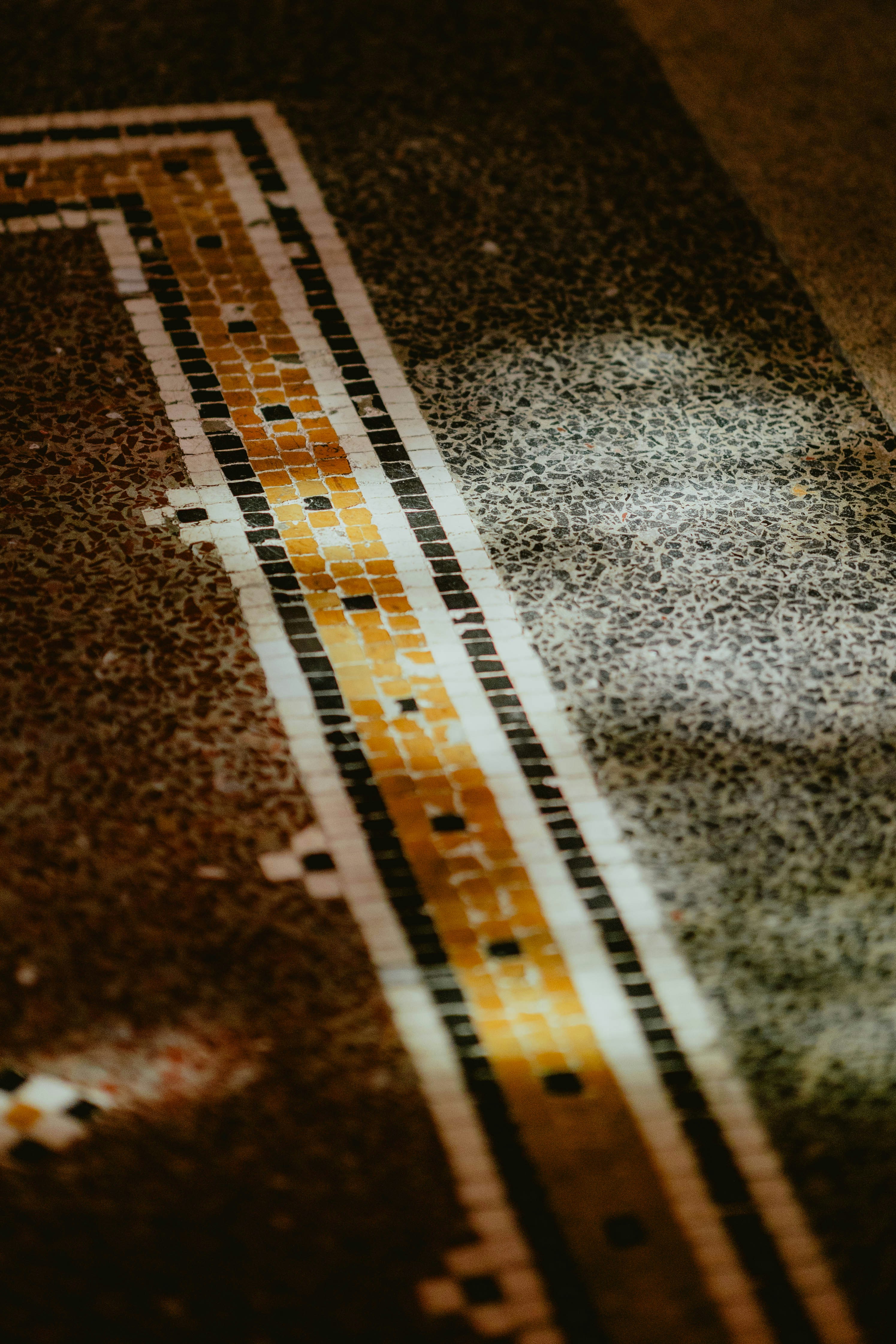 Mosaic Strip on Weathered Flooring: A Study in Geometry and Texture