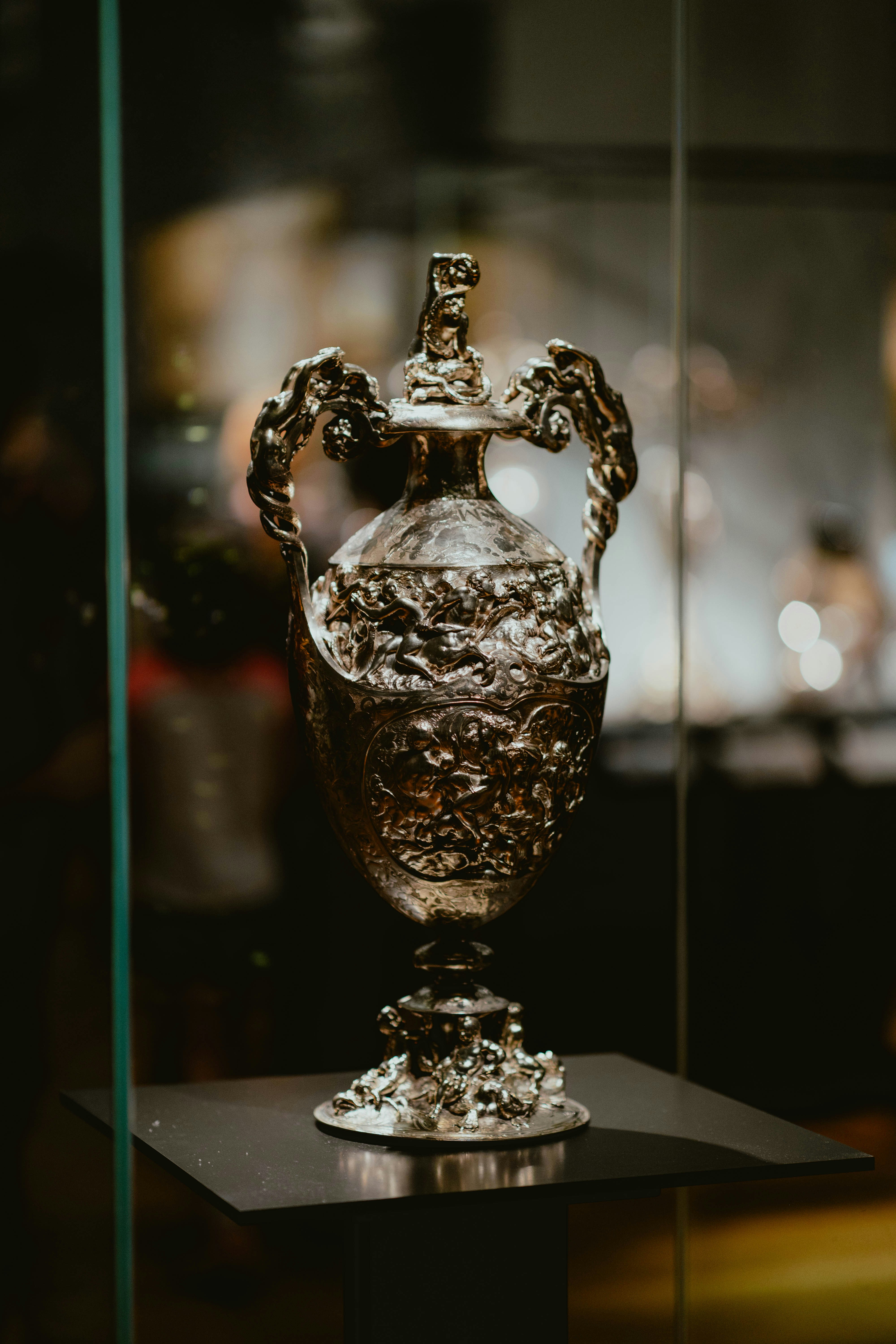 An ornate silver vase with intricate relief carvings behind a glass display case