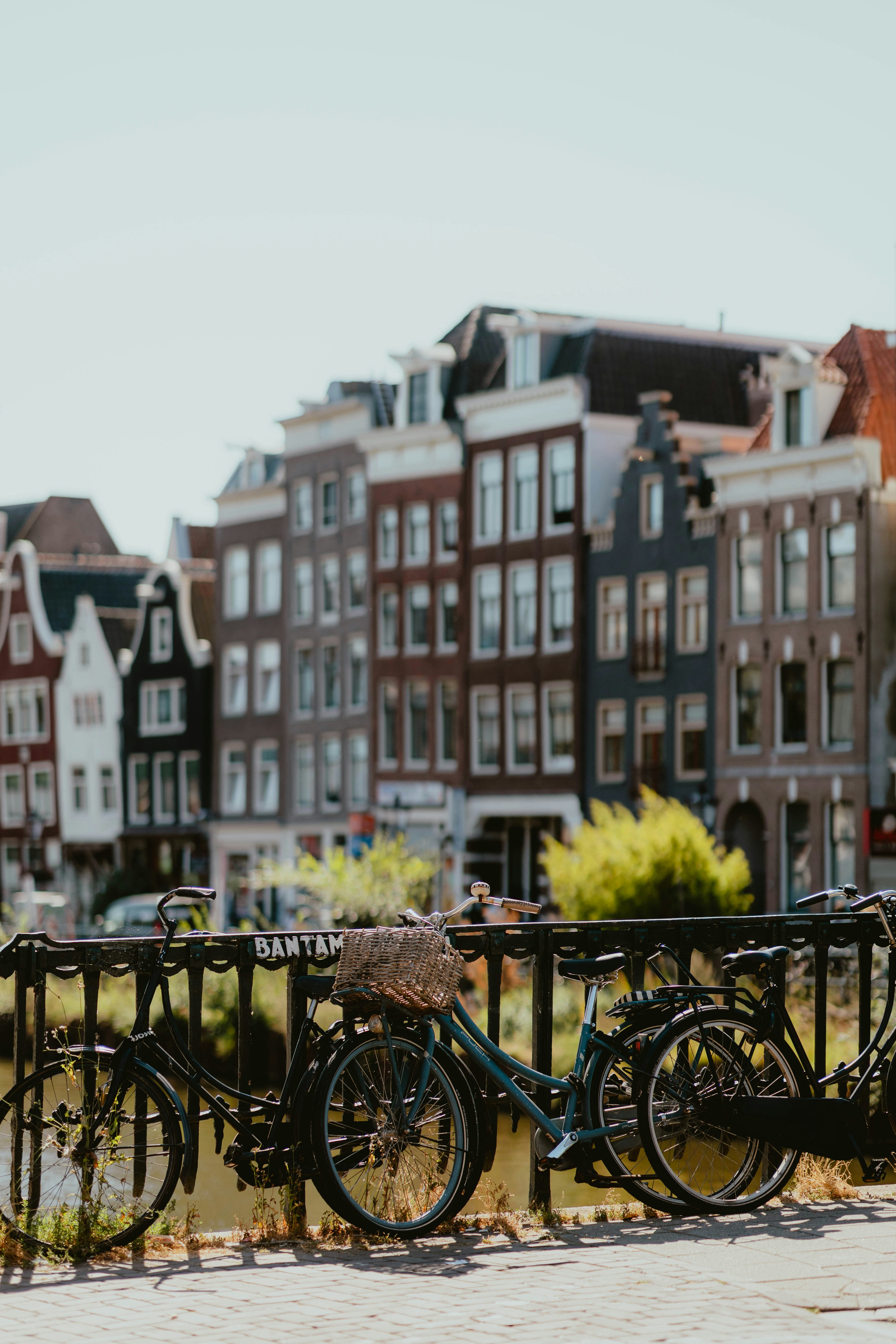 Rows of brick townhouses with bicycles along a canal fence