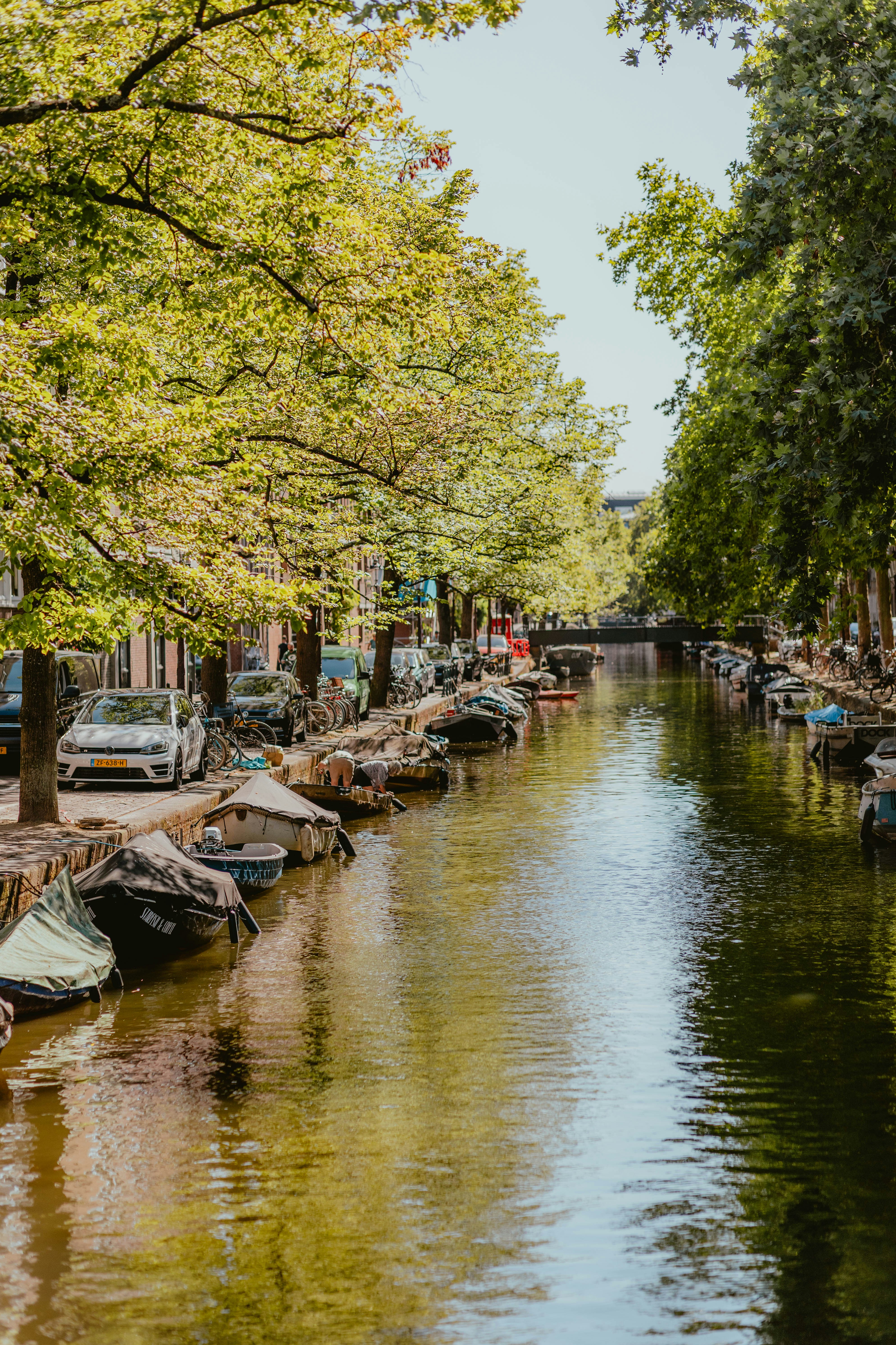 Canal Corridor: Boats, Reflection, and Tree-Lined Wake