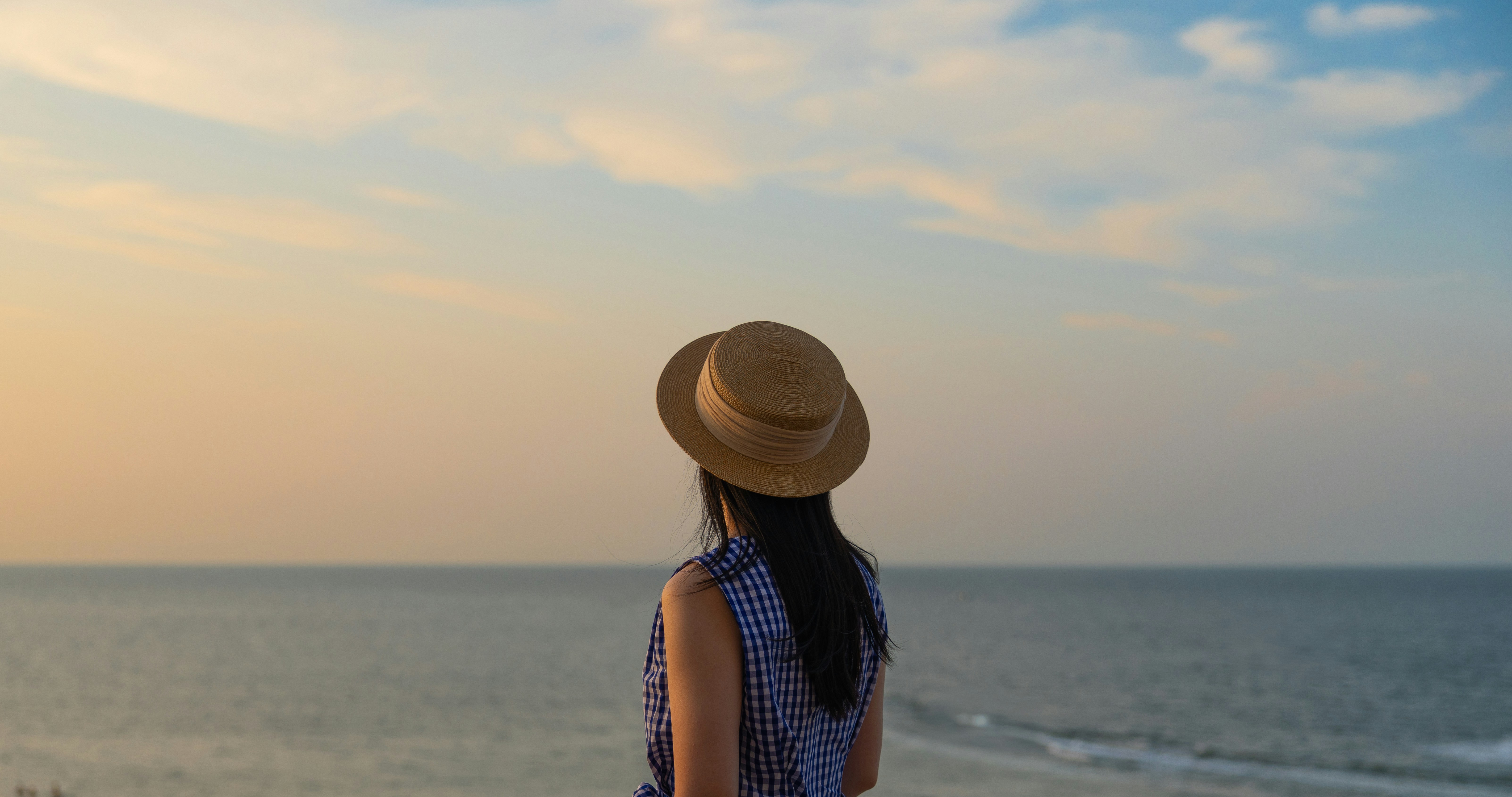 Silhouette of a woman wearing a straw hat and checkered top facing the ocean at sunset; sea horizon and soft sky provide serene backdrop.
