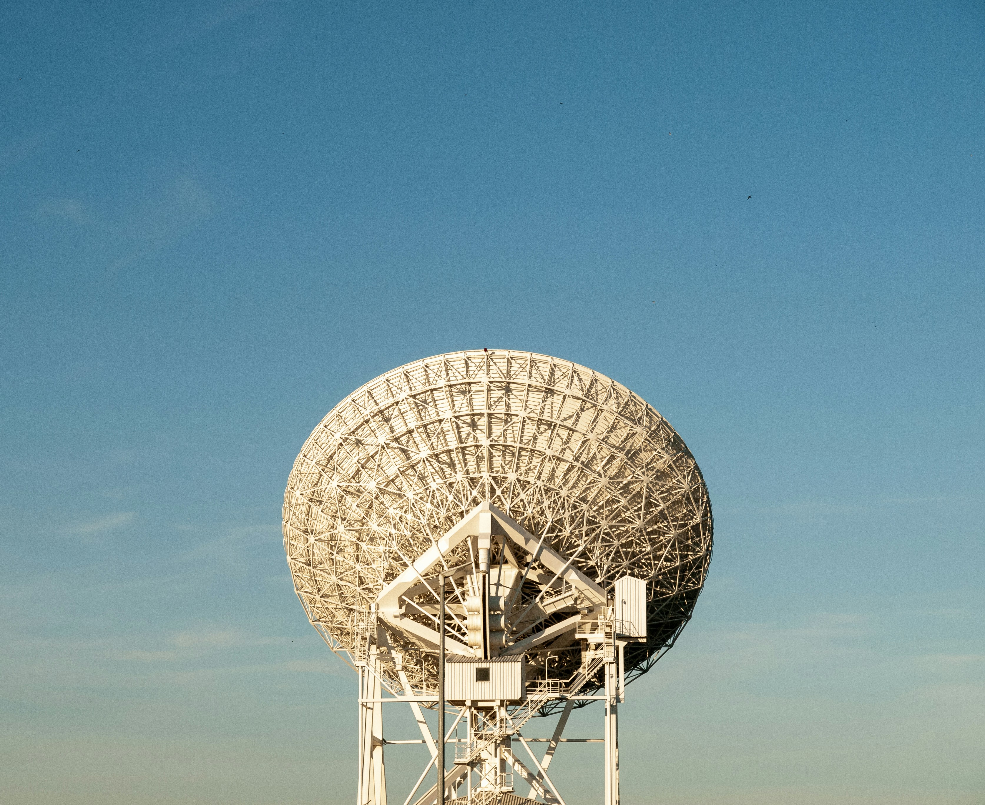 Satellite dish structure rising against a clear blue sky, traced by a lattice of metal chords and support framework; the image emphasizes geometry and engineering scale.