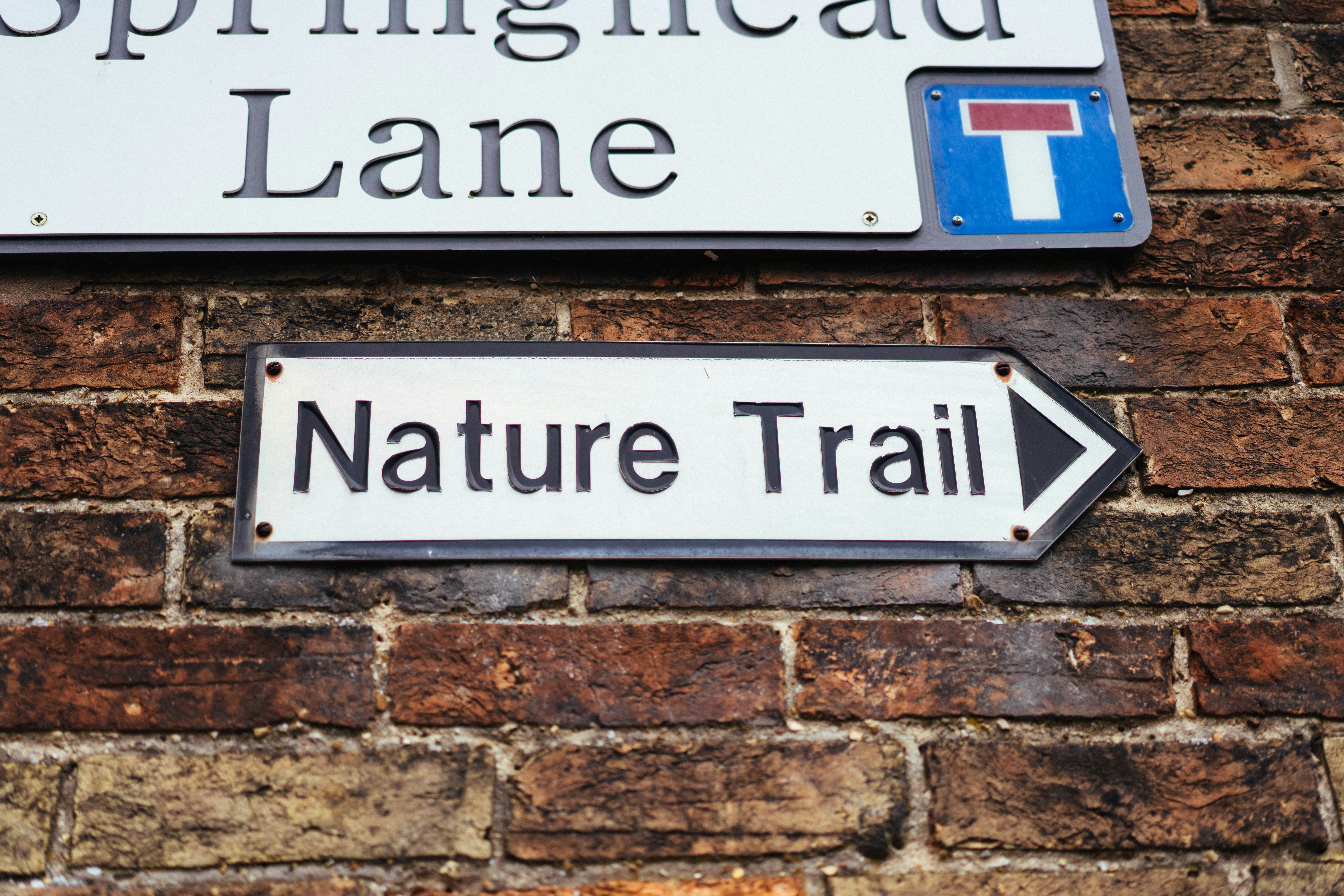 Nature Trail Signpost on a Weathered Brick Wall