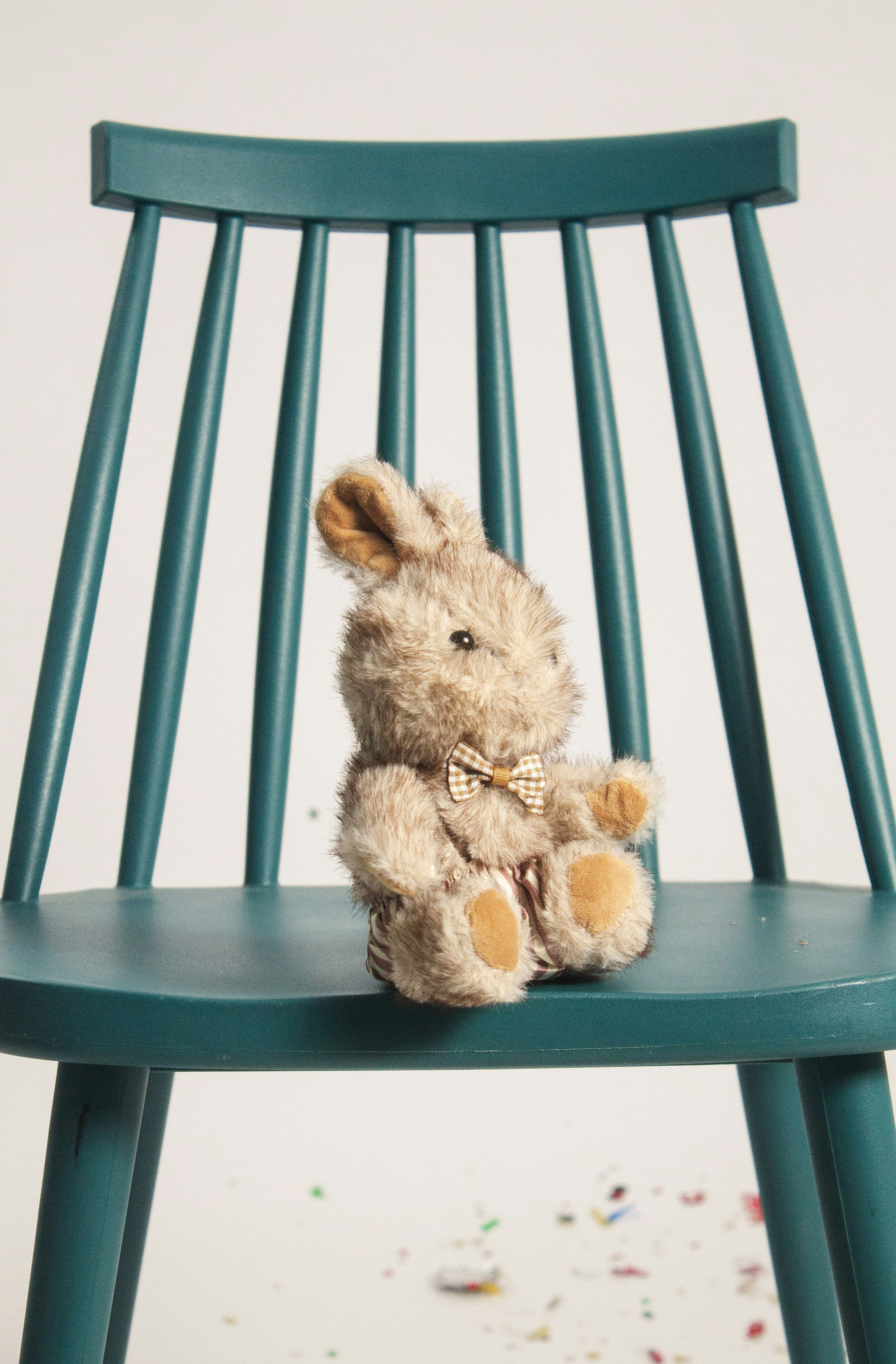 Soft Companion on a Teal Stage: A Plush Bunny Finds Center Stage