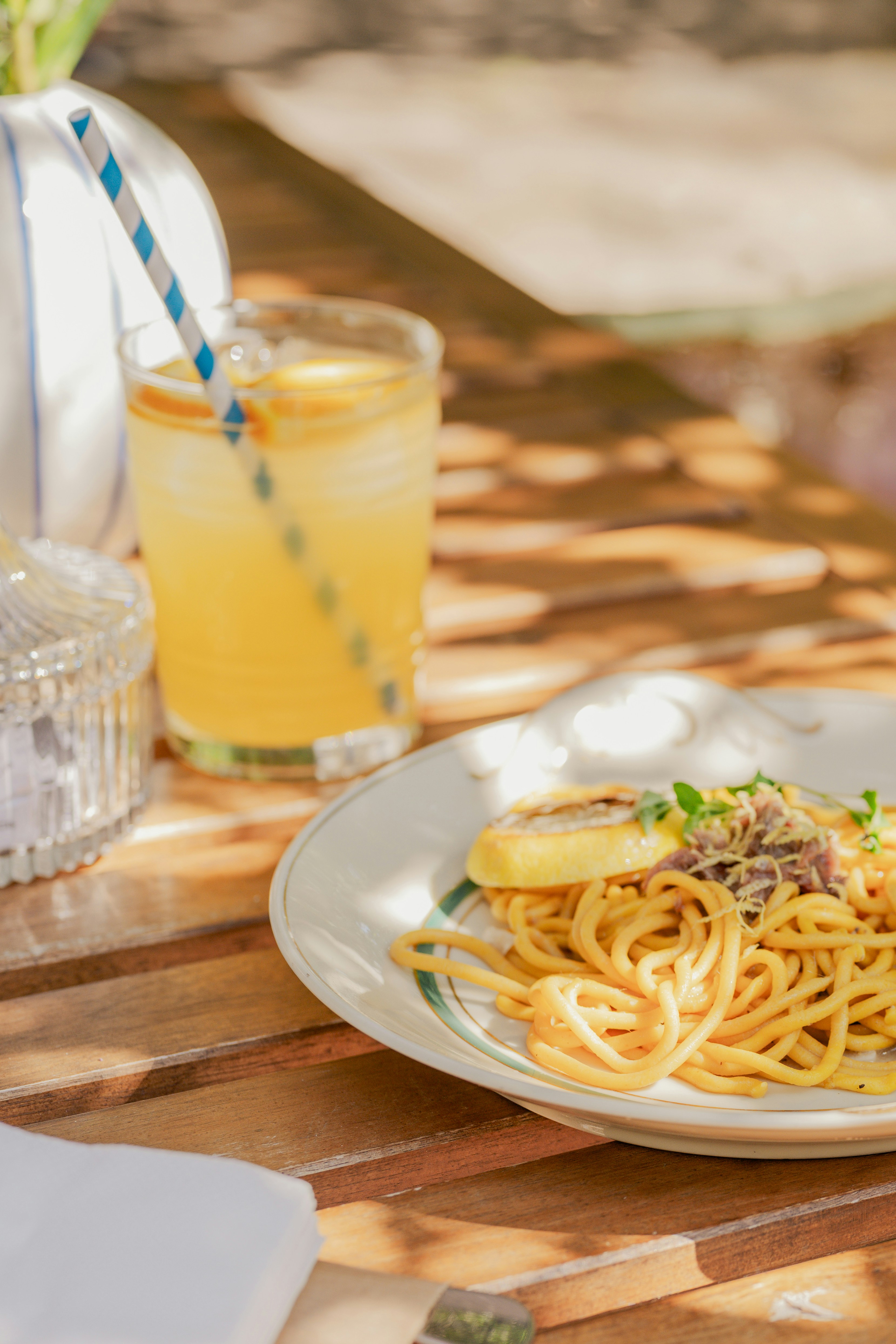 Lemonade Break with Herbed Pasta on Sunlit Wood