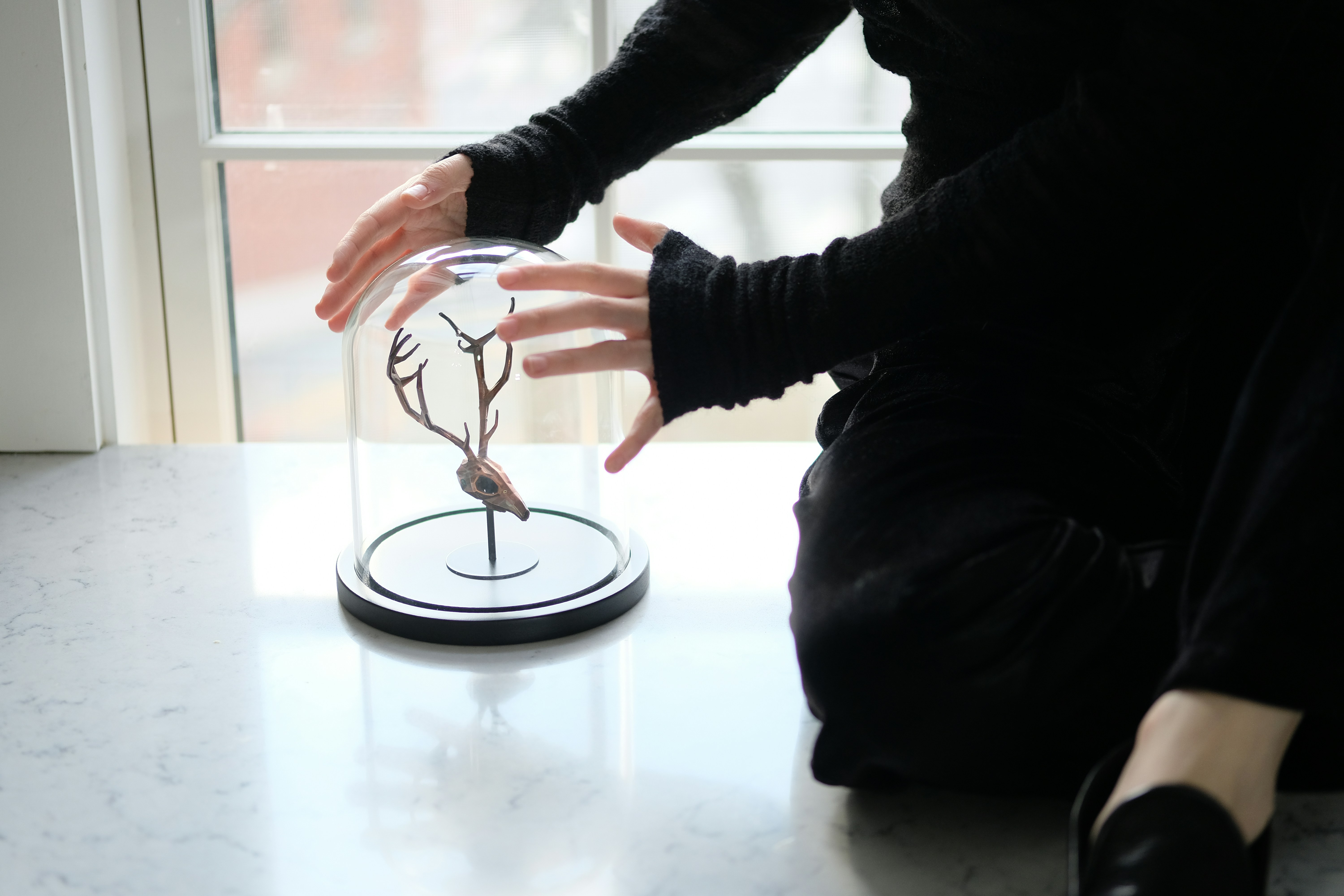 Glass Dome Wonder: A Quiet Hand Reaches for a Delicate Exhibit