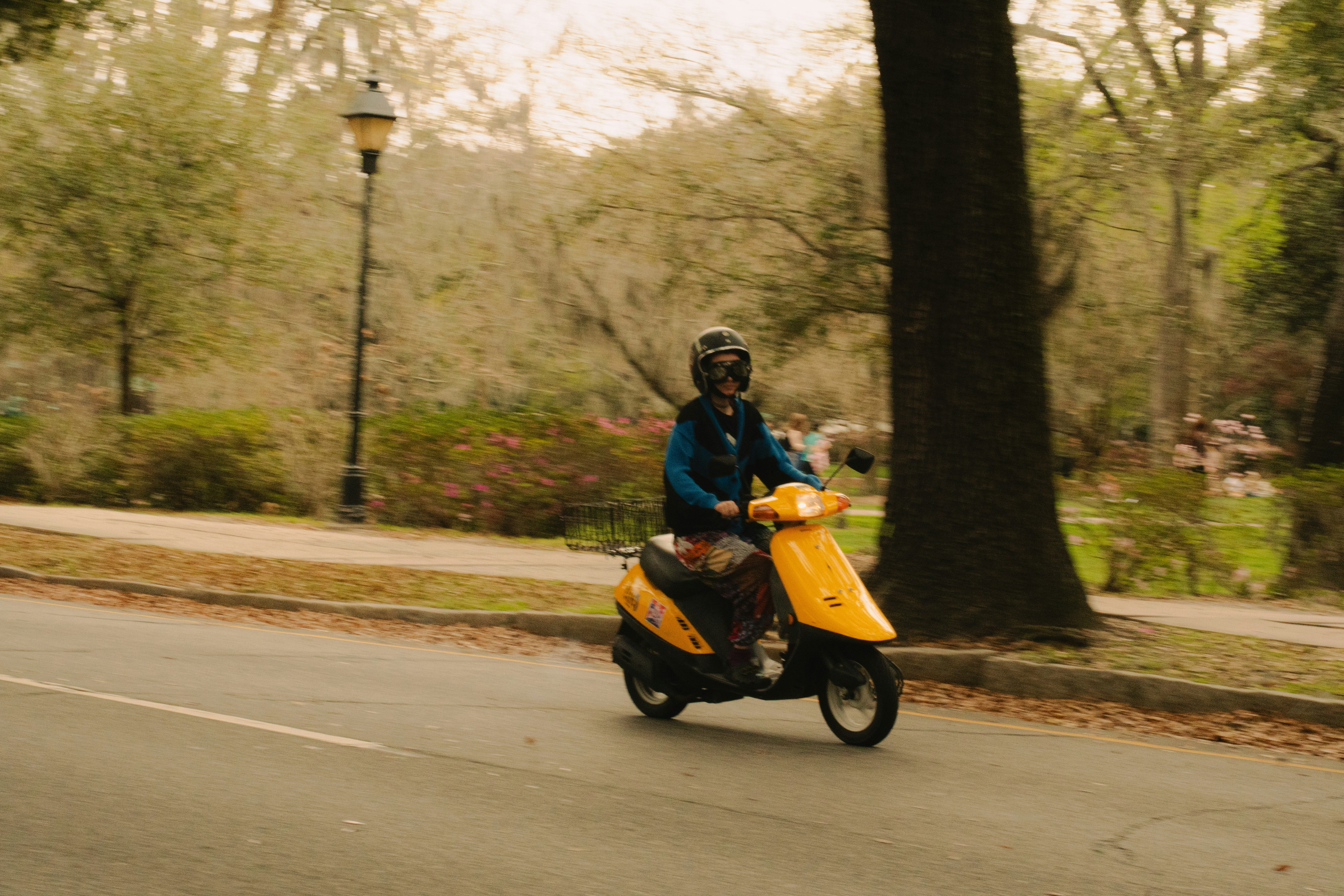 Yellow Scooter in Motion Through a Park Dawn