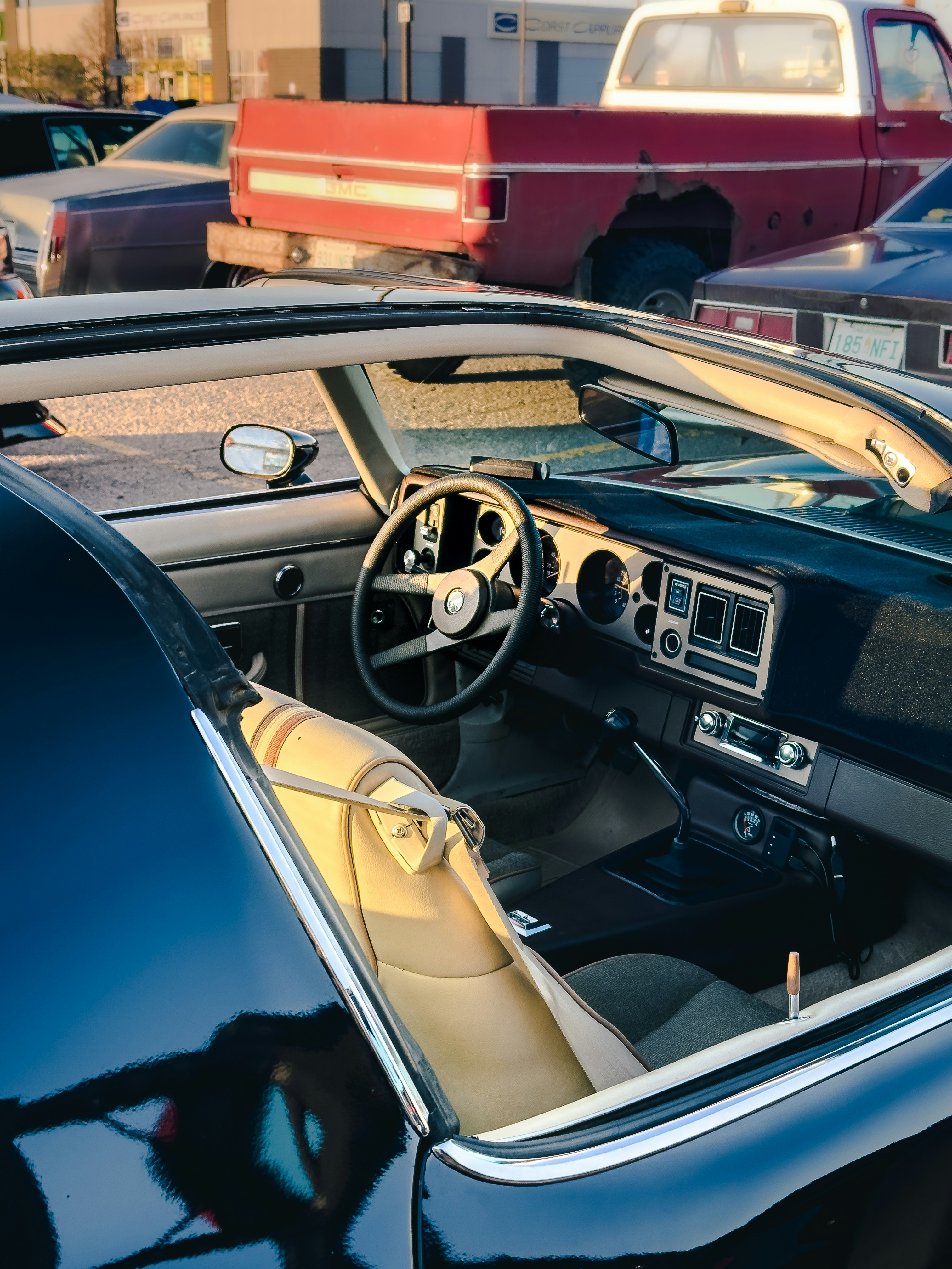 Sunlit Mustang Dash: a retro cabin in daylight